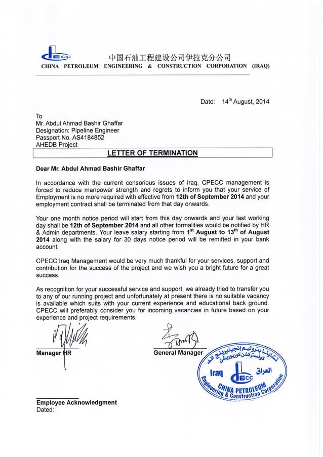Termination Letter and Expereince Certificate of Mr. Abdul Ahmad Bashir Ghaffar,Pipeline ...