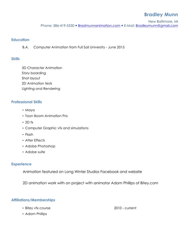 MunnBradResume | PDF | Computer Animation | Computer Software and Applications