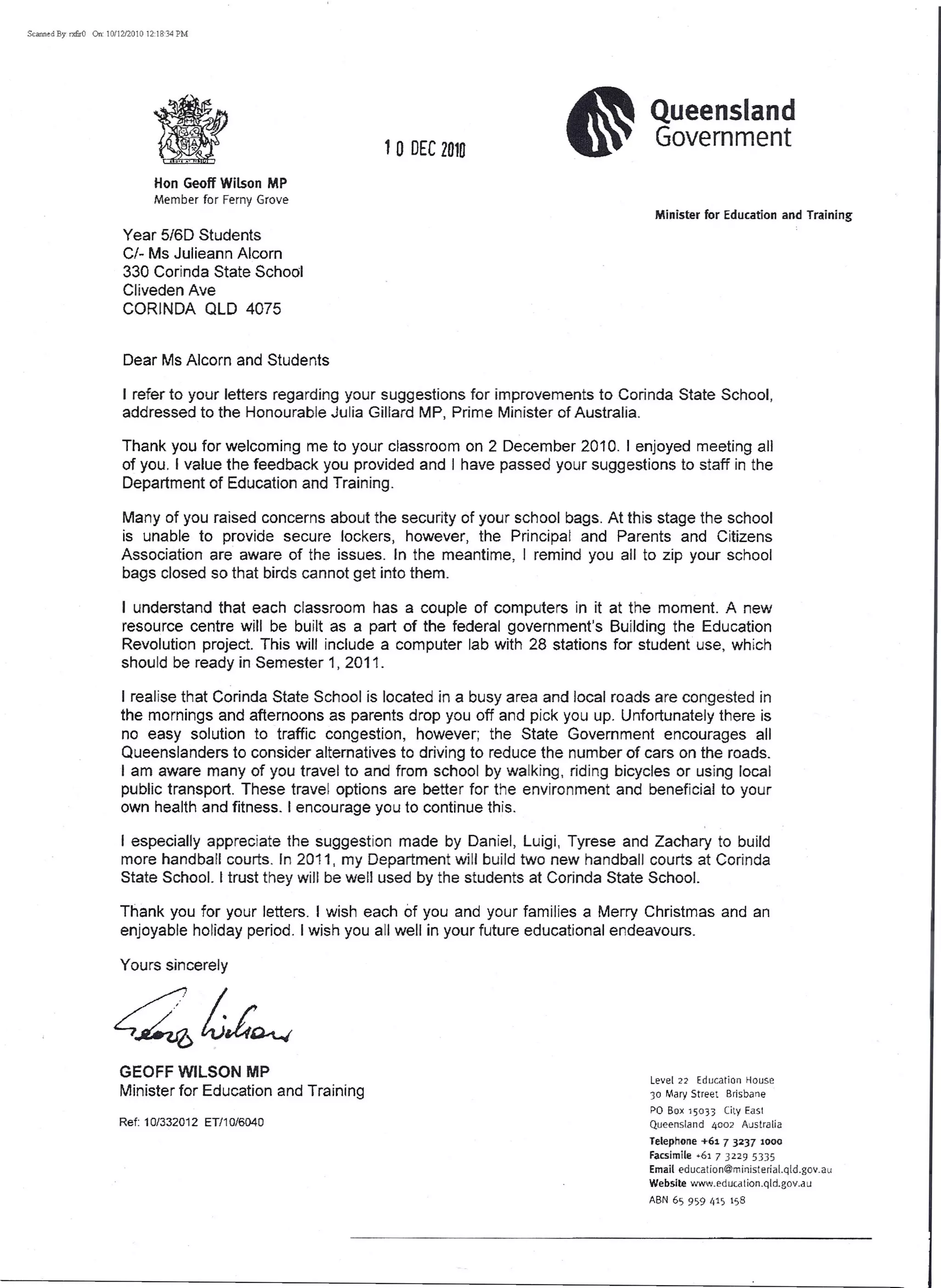 Letter from Minister for Ed to Mrs Alcorns class 2010 | PDF