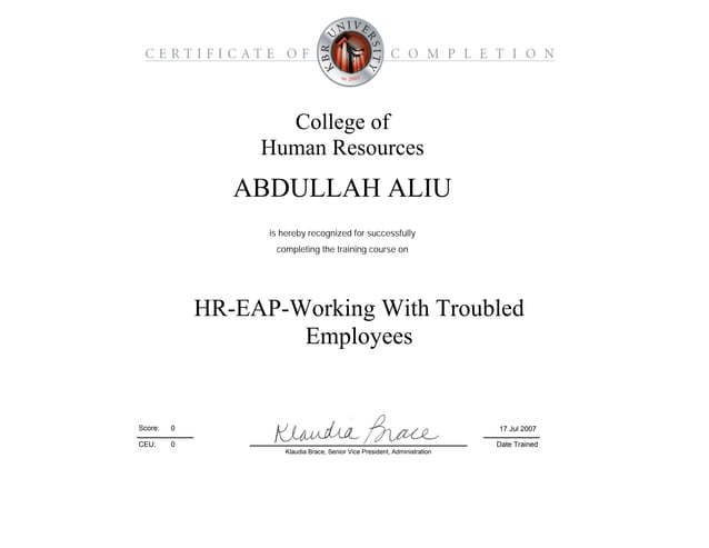 Certificate - HR-EAP-Working With Troubled Employees | PDF