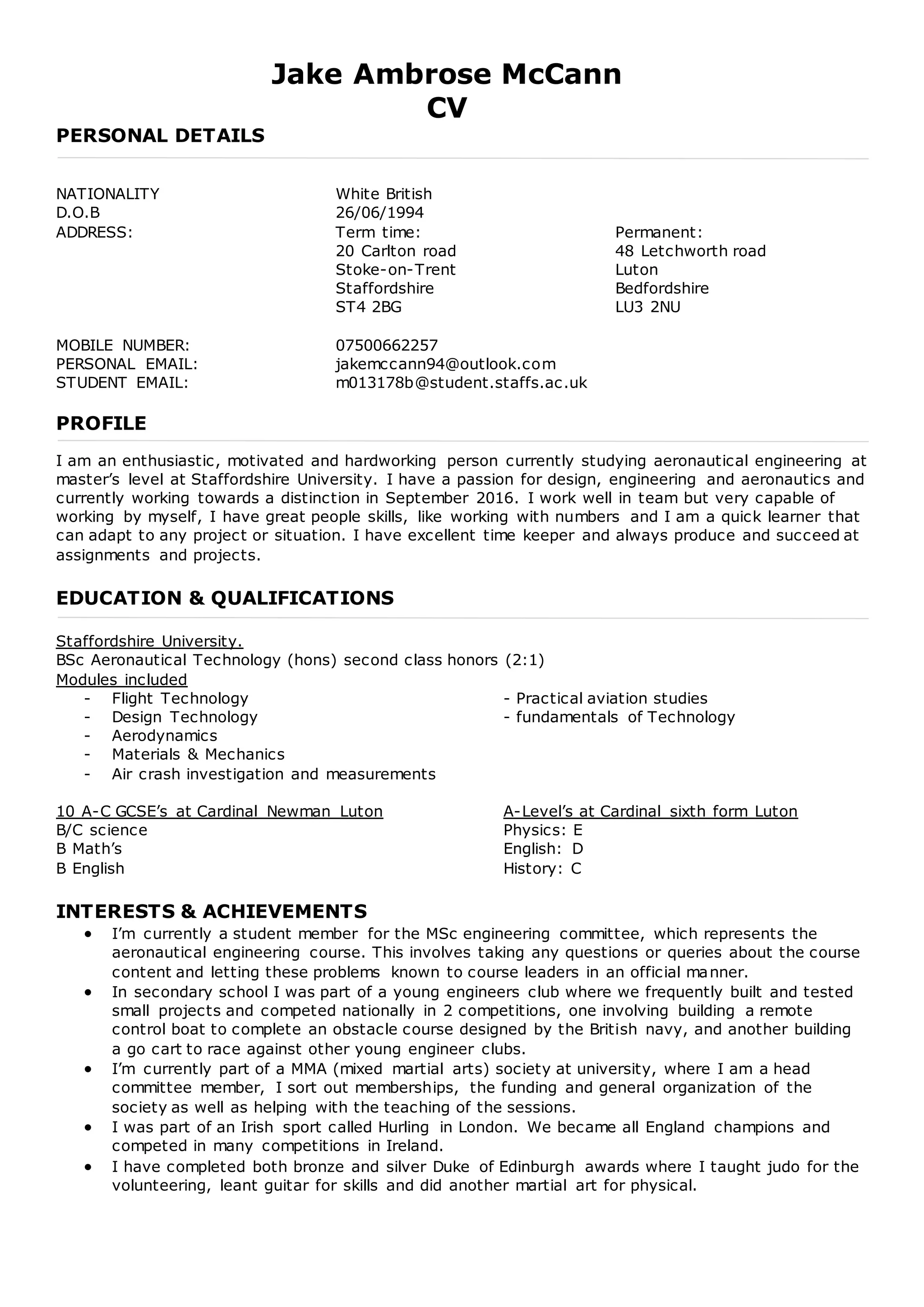 Jake Ambrose McCann cv | DOCX | Undergraduate Education | College Education