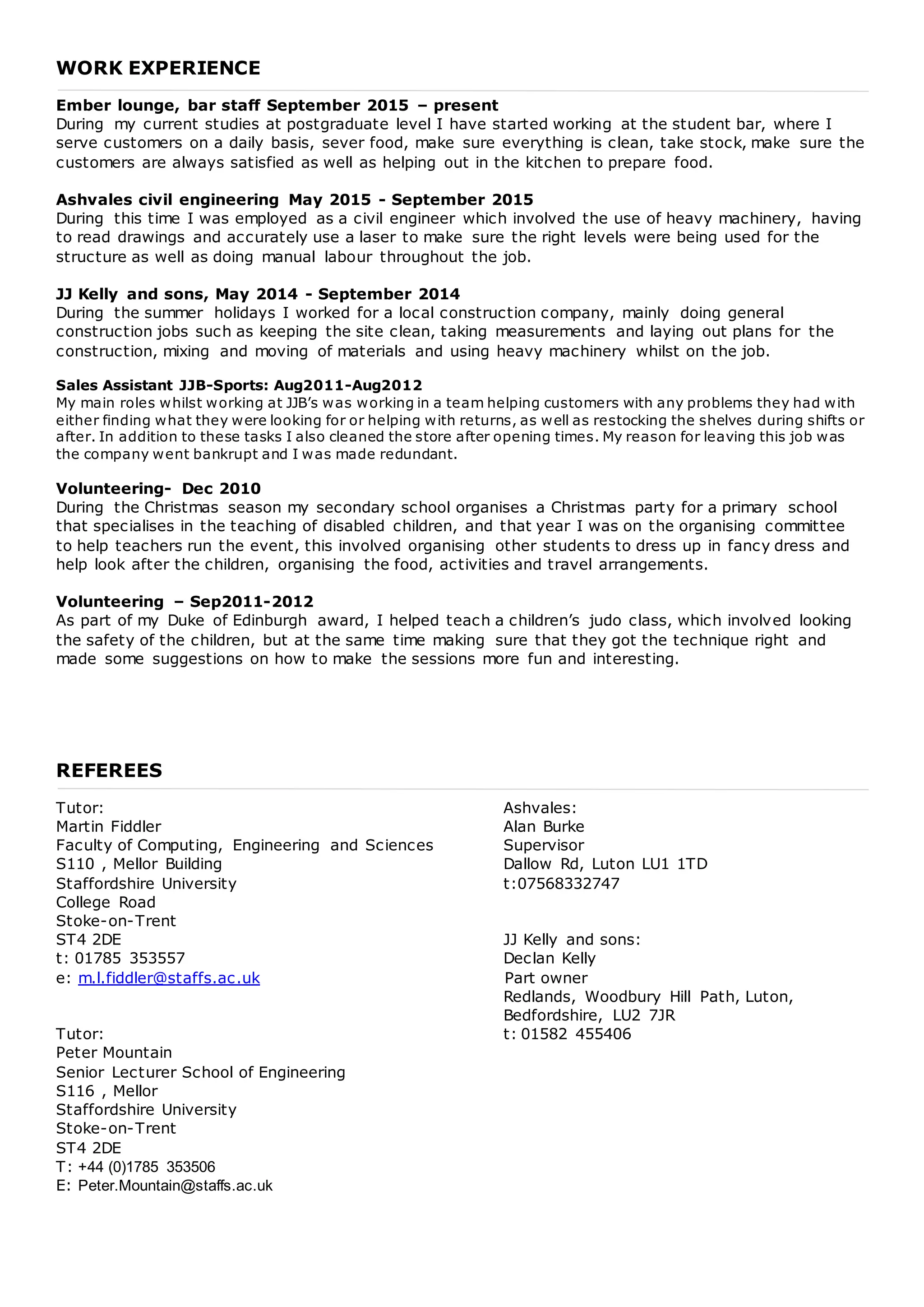 Jake Ambrose McCann cv | DOCX | Undergraduate Education | College Education