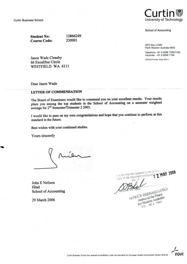 Curtin letter of commendation sem 2 | PDF
