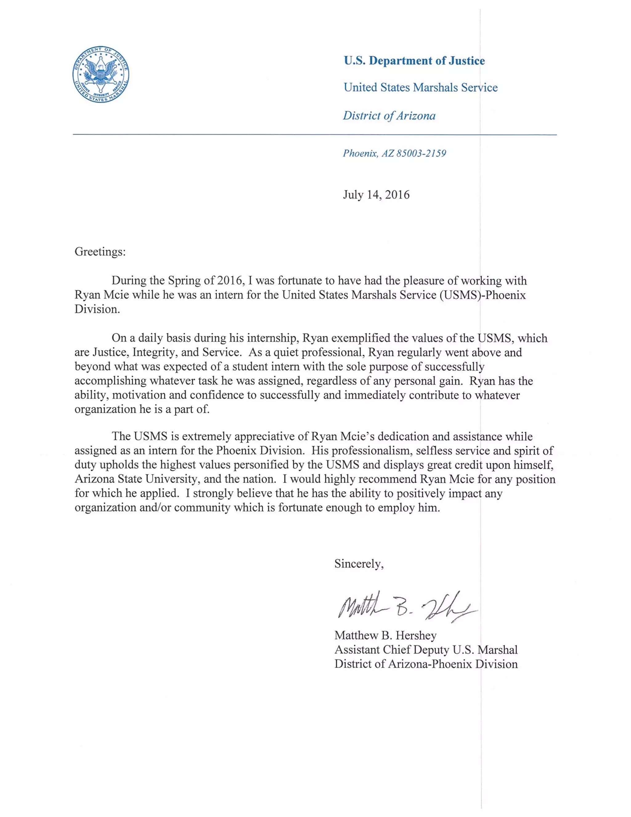 Letter of Recommendation Chief Hershey | PDF