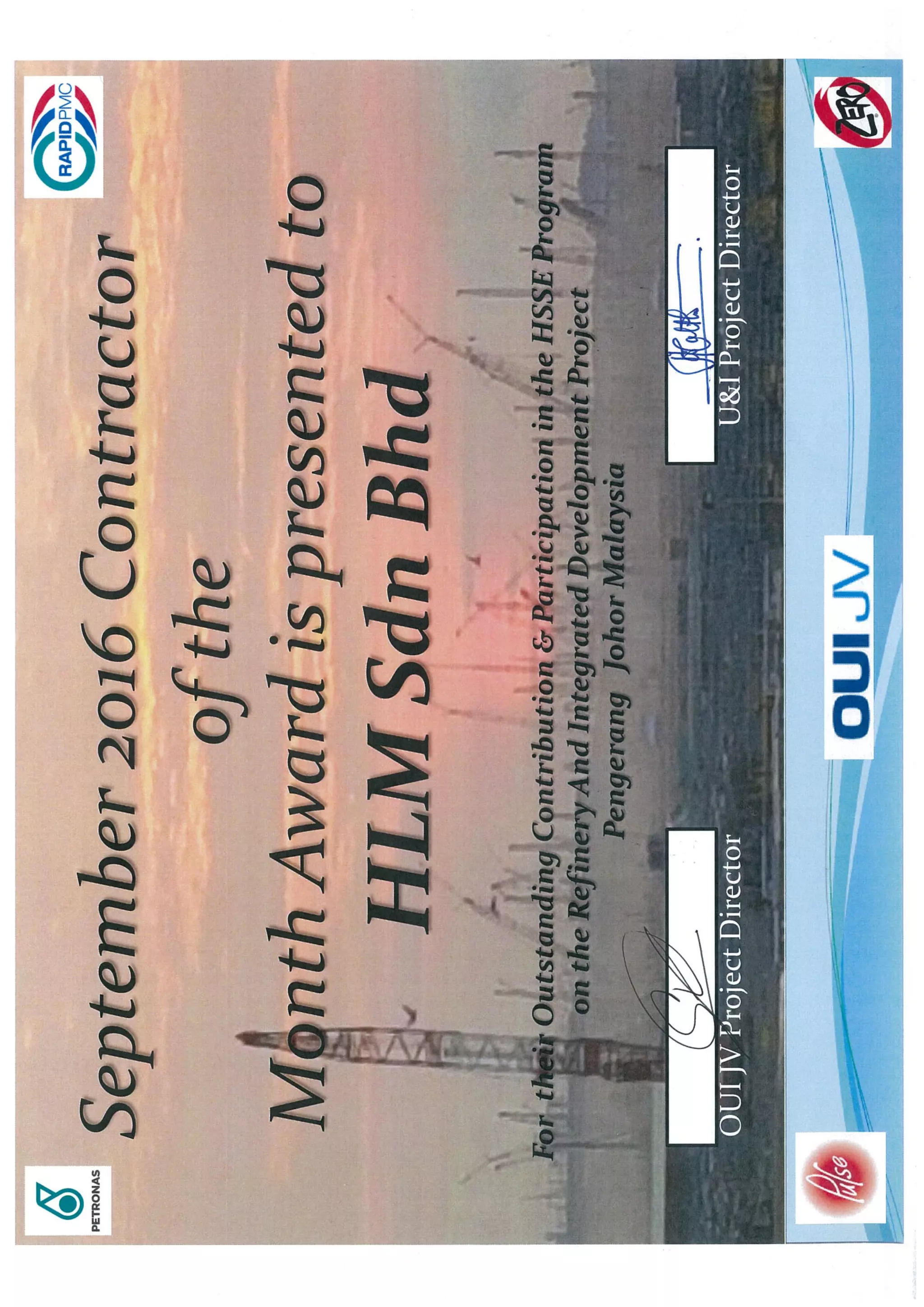 Certificate of Appreciation for Contractor of the month September 2016 ...