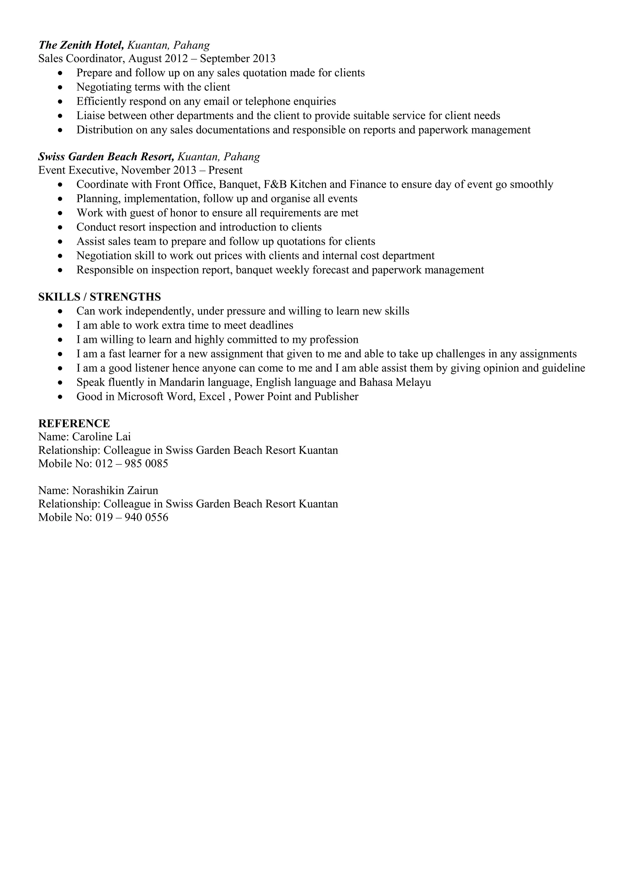 TONG PHE WEN - RESUME | PDF | Hospitality Industry | Industries