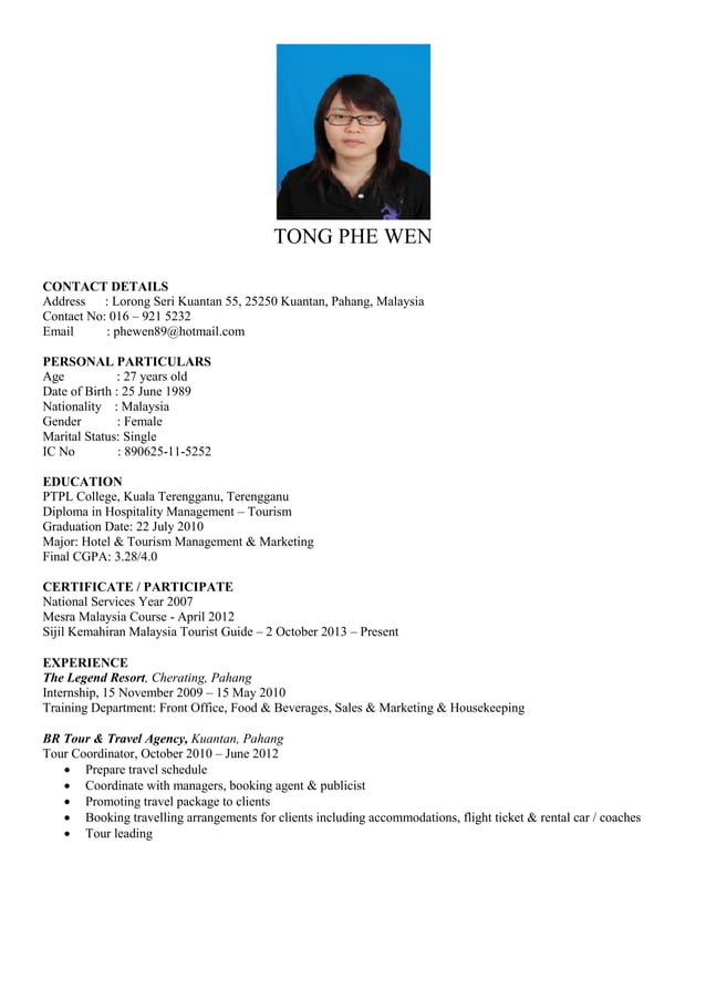 TONG PHE WEN - RESUME | PDF | Hospitality Industry | Industries