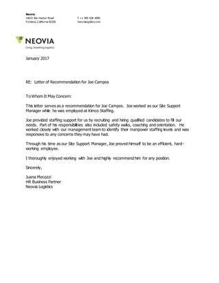 Joe Recommendation from Neovia Logistics | DOCX | Logistics | Business