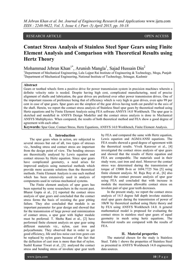 Contact Stress Analysis of Stainless Steel Spur Gears using Finite Element Analysis and ...