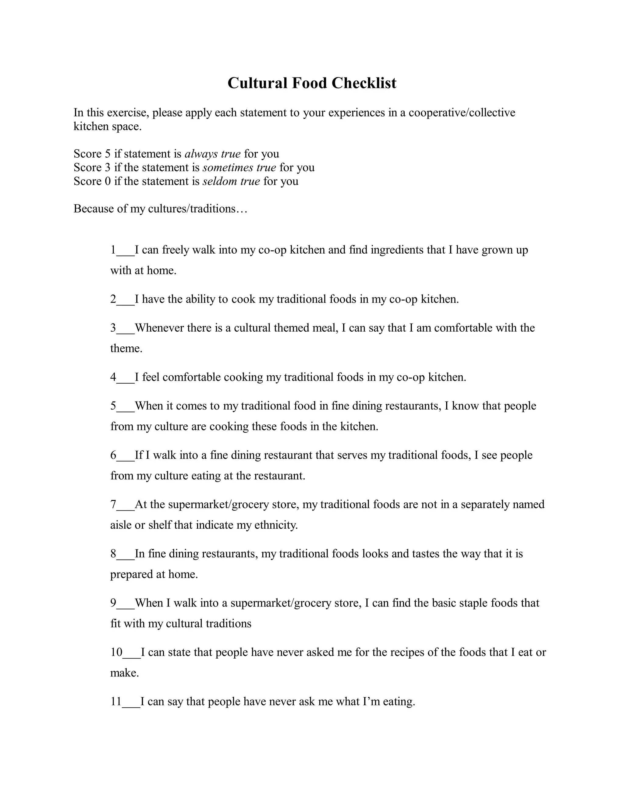 Cultural Food Checklist | DOC