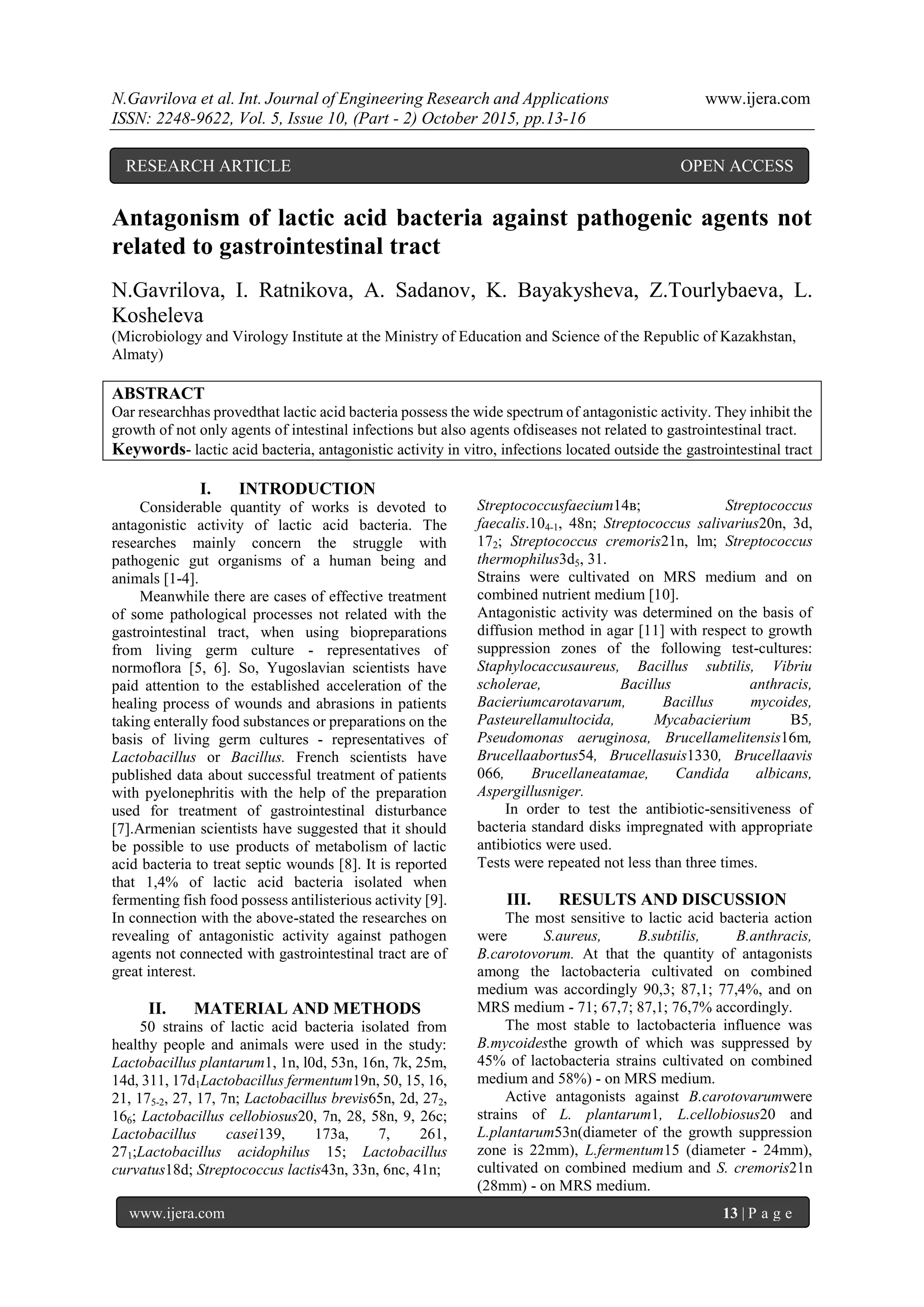 Antagonism of lactic acid bacteria against pathogenic agents not ...