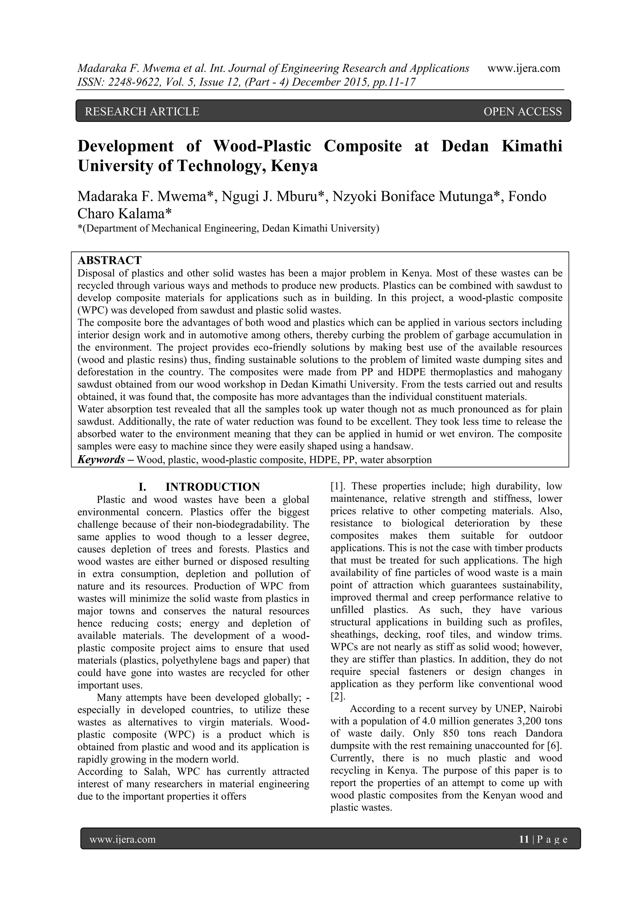 Development of Wood-Plastic Composite at Dedan Kimathi University of ...