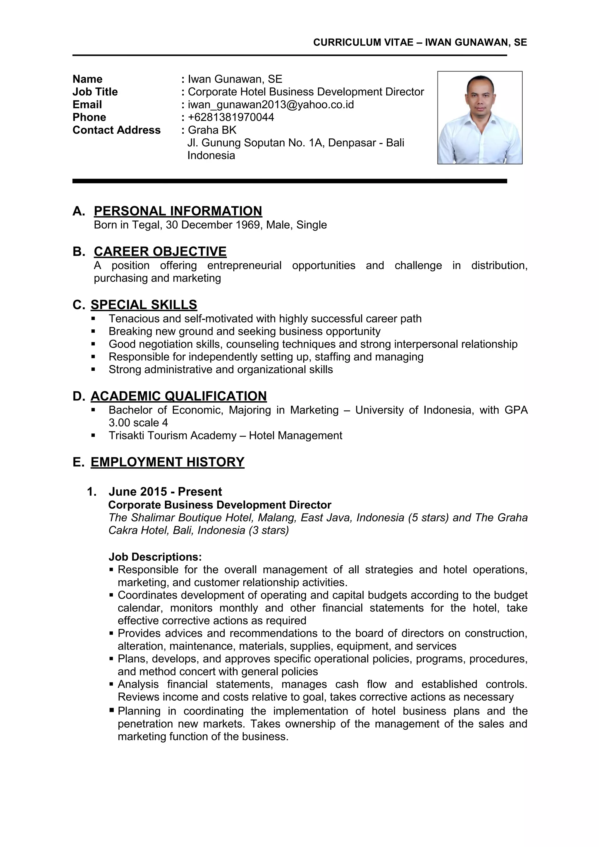 CV Iwan Gunawan Aug 2016-Bali | PDF | Hotels and Motels | Travel Type