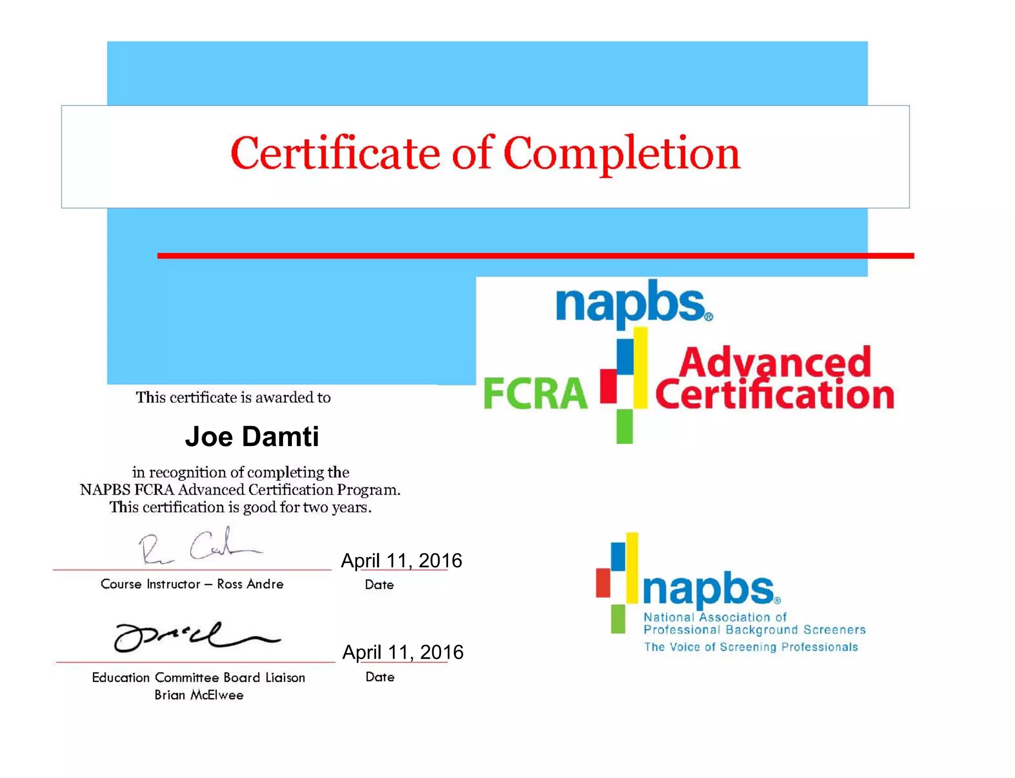 Joe Damti Advanced FCRA Certificate | PDF