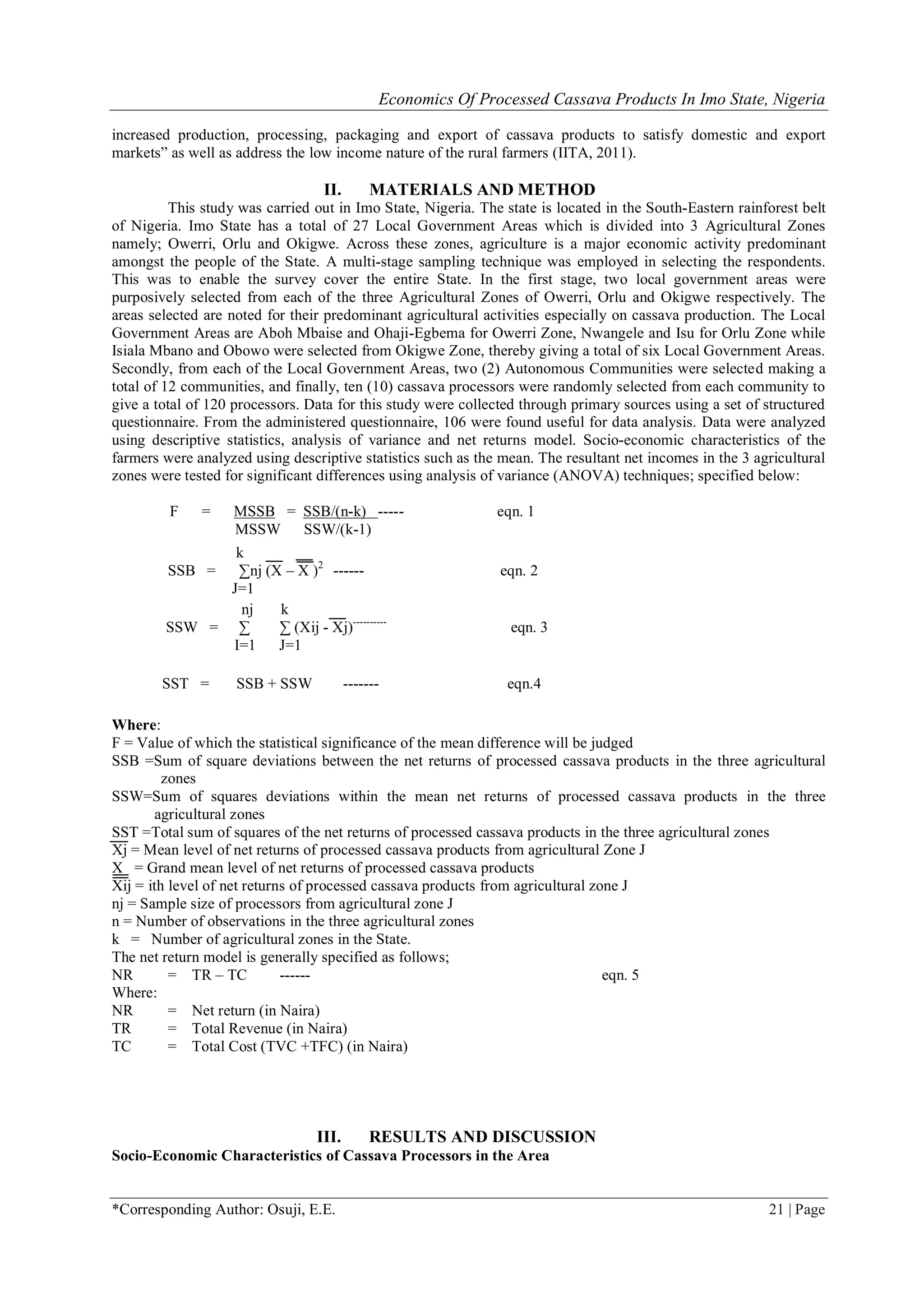 Economics of Processed Cassava Products in Imo State, Nigeria | PDF