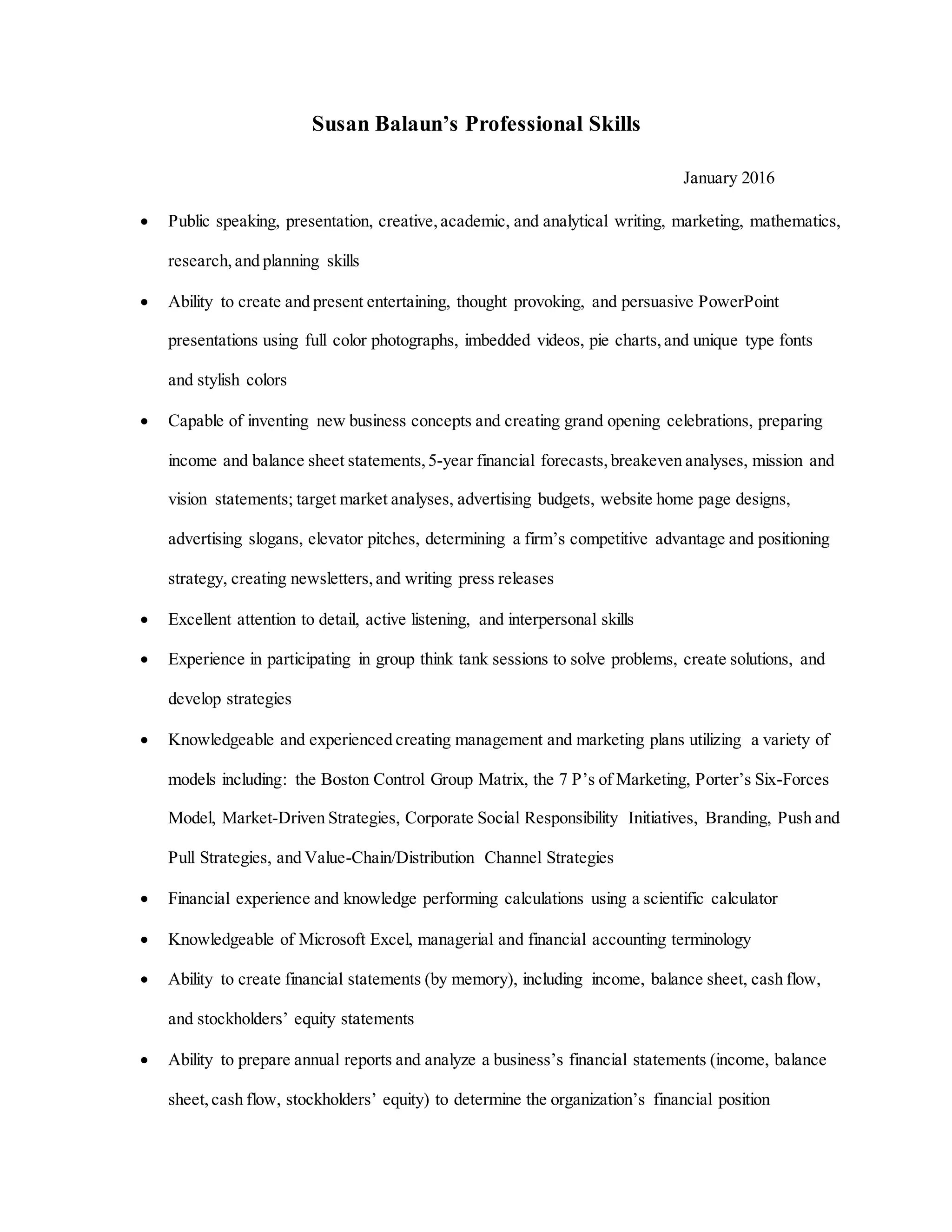 Susan Balaun's Skills-01-09-16 | DOCX | Business Accounting & Finance ...