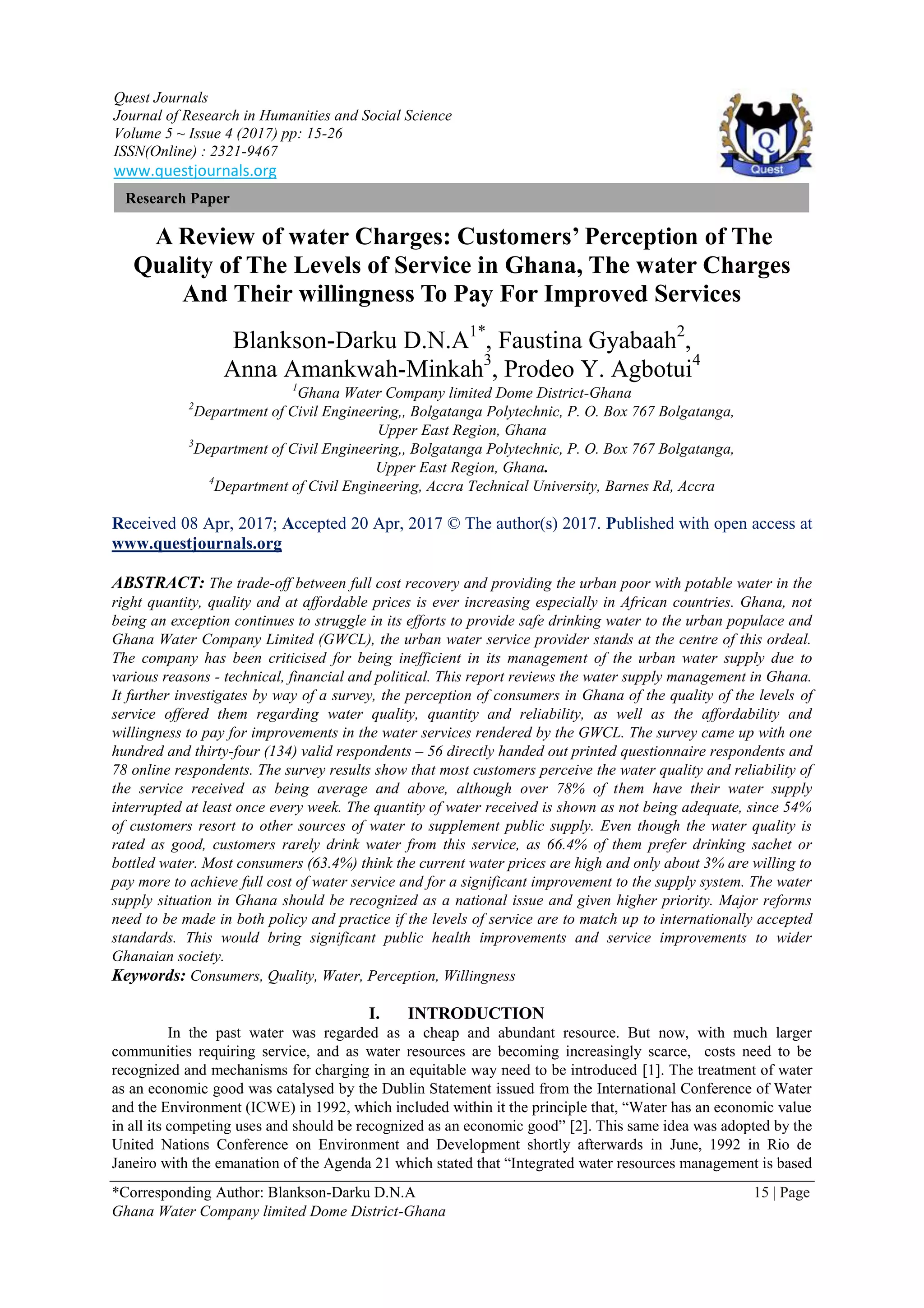 A Review of water Charges: Customers’ Perception of The Quality of The ...