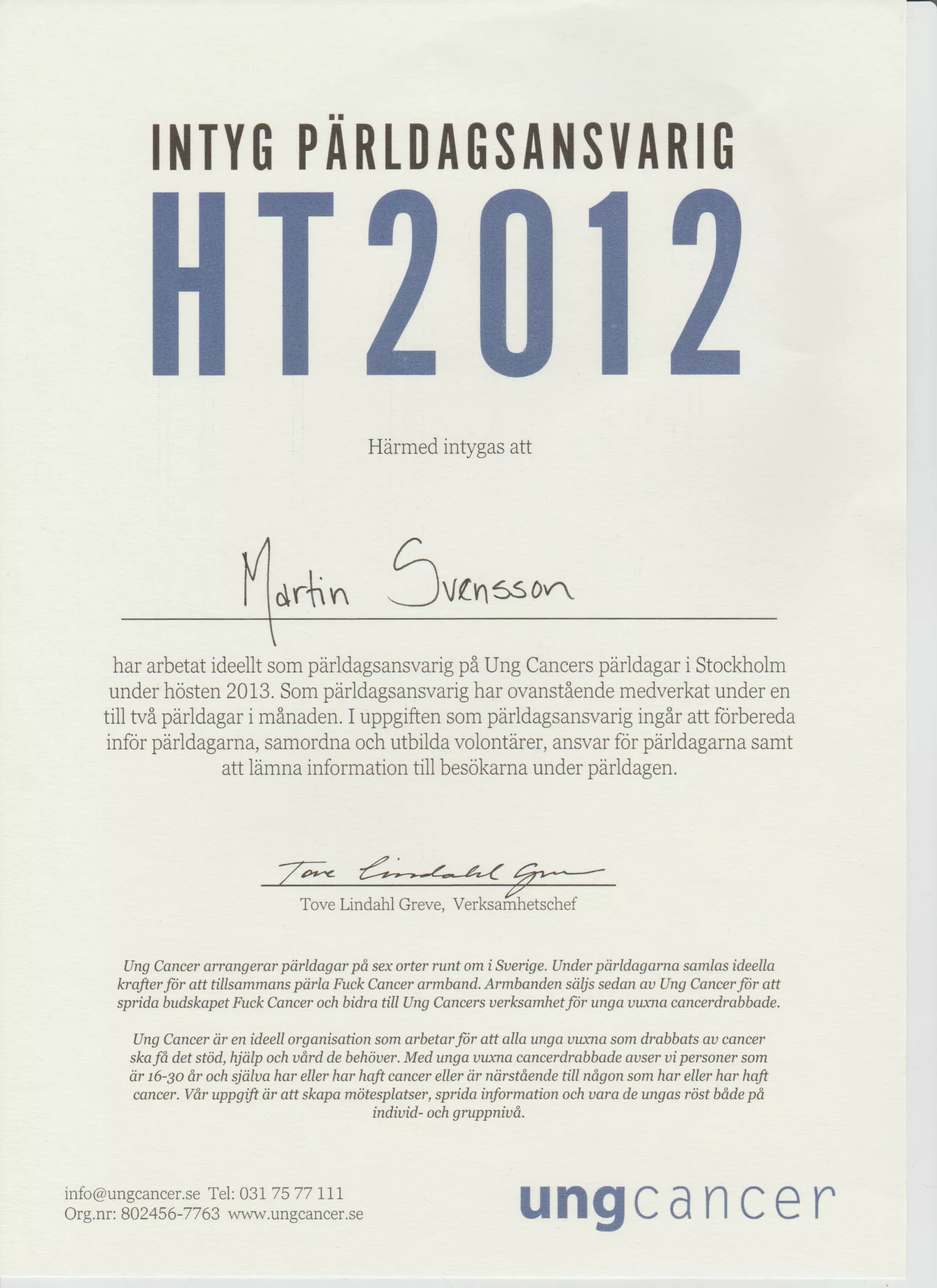 intyg pärldagsansvarig HT2012 | PDF