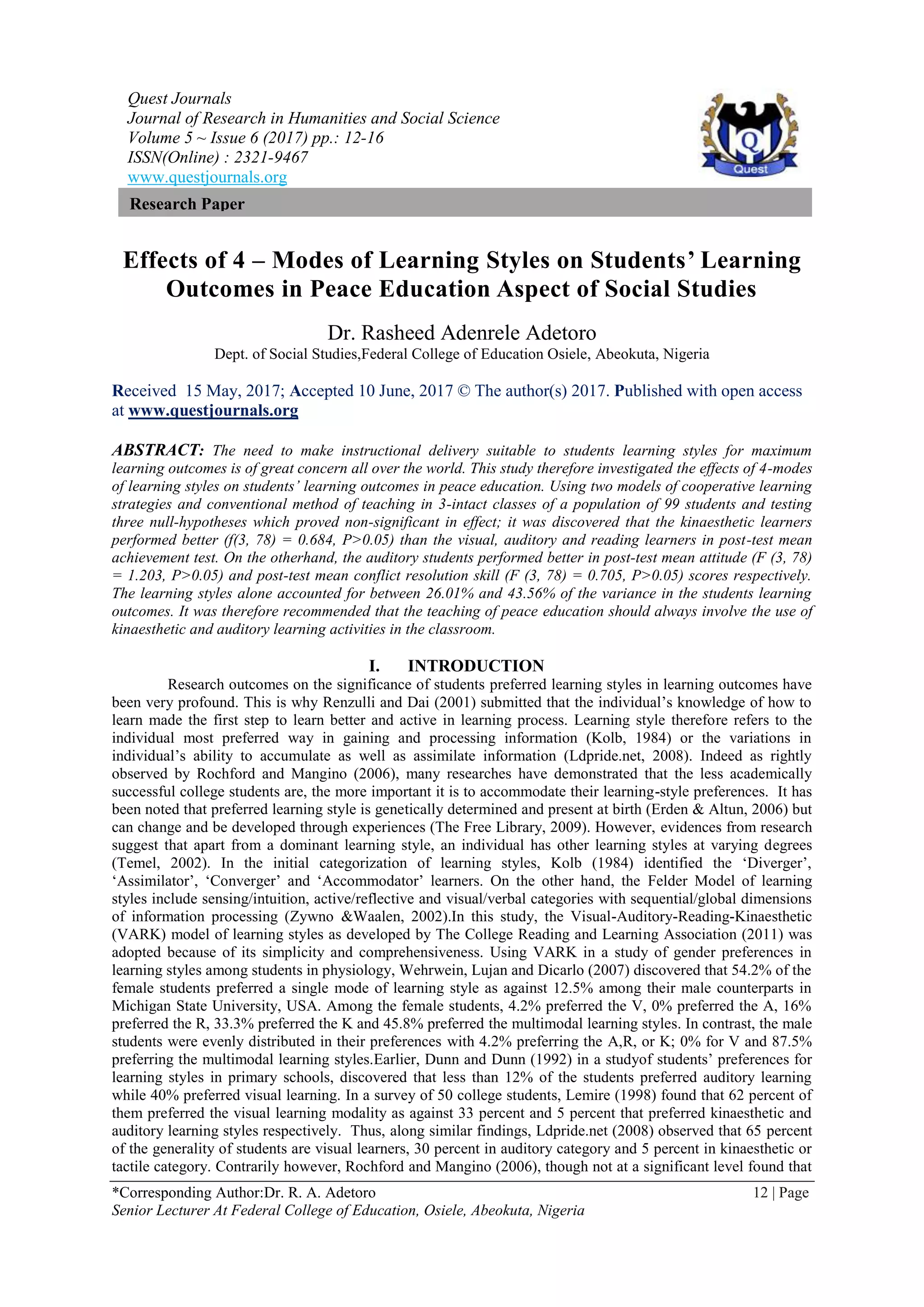 Effects of 4 – Modes of Learning Styles on Students’ Learning Outcomes ...