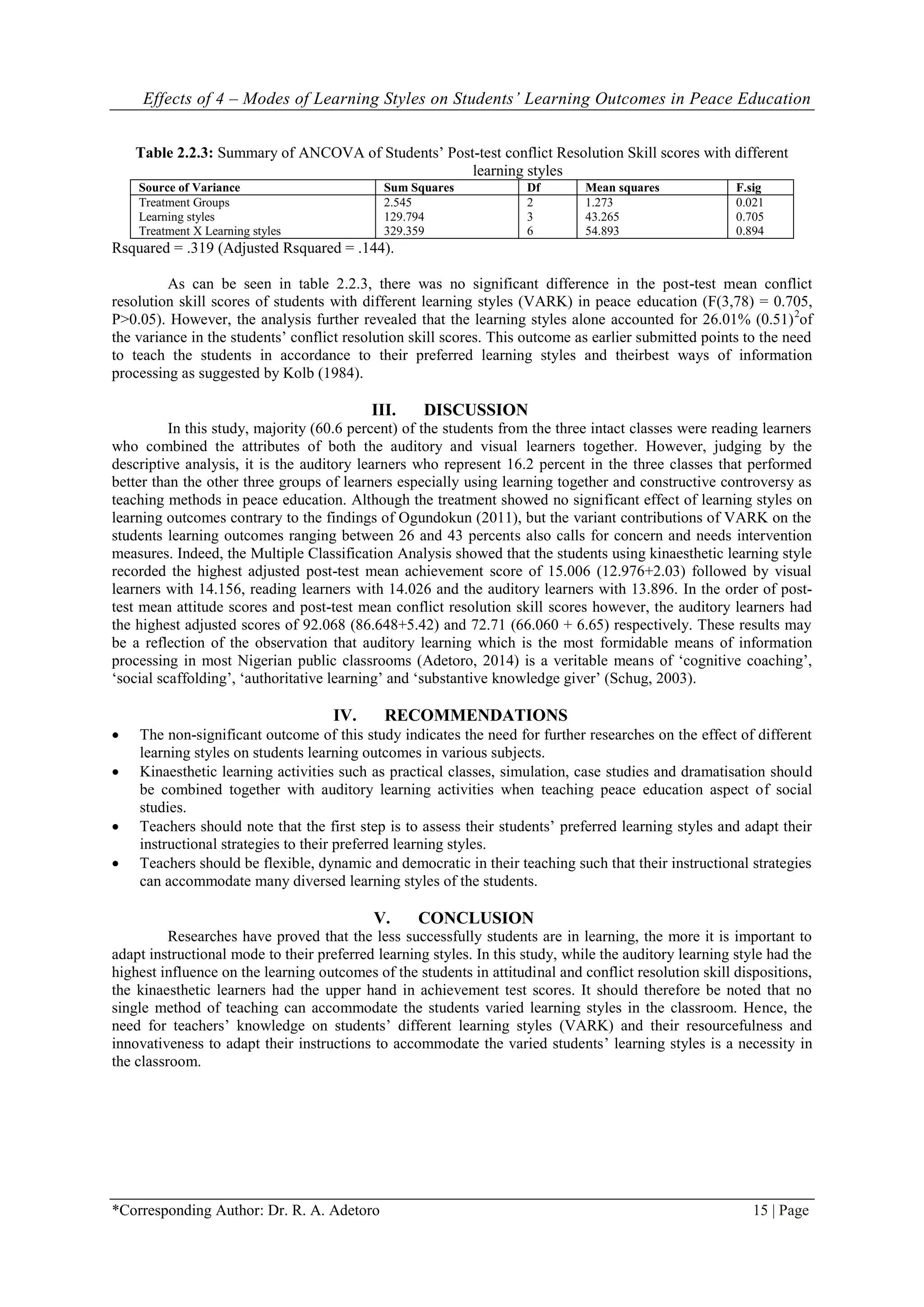 Effects of 4 – Modes of Learning Styles on Students’ Learning Outcomes ...
