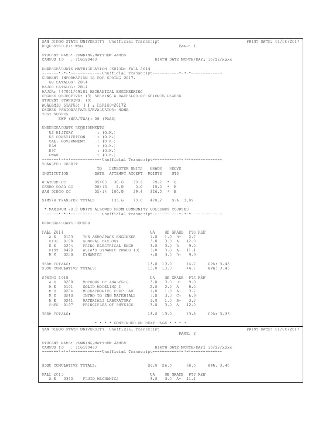 PenningUnofficialTranscript | PDF