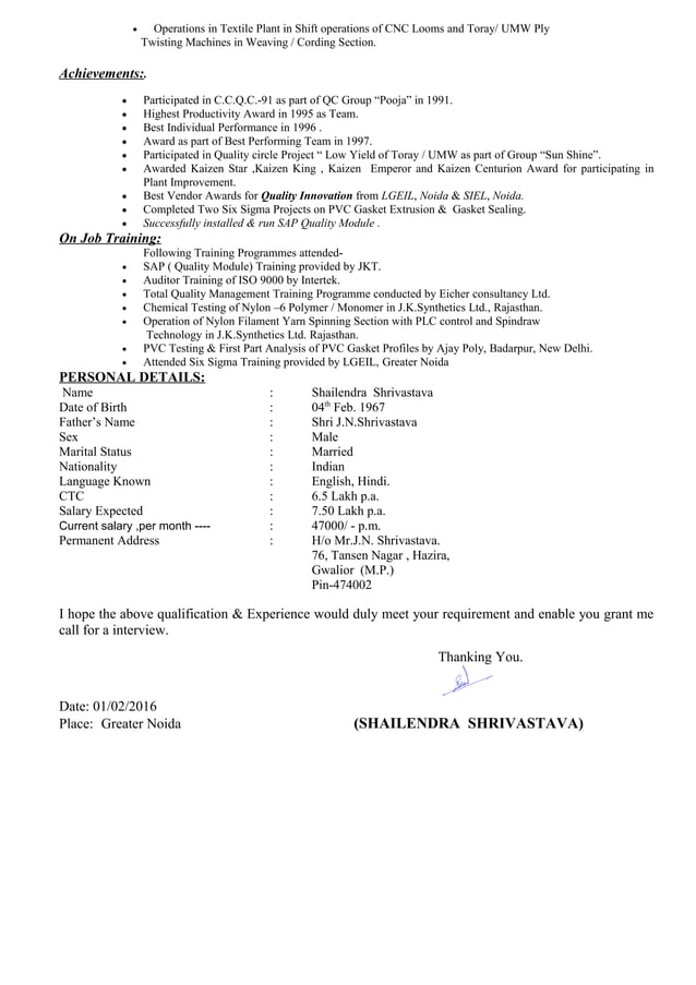 Resume_S Shrivastava_01-Feb_2016 | DOC | Manufacturing Industry | Industries