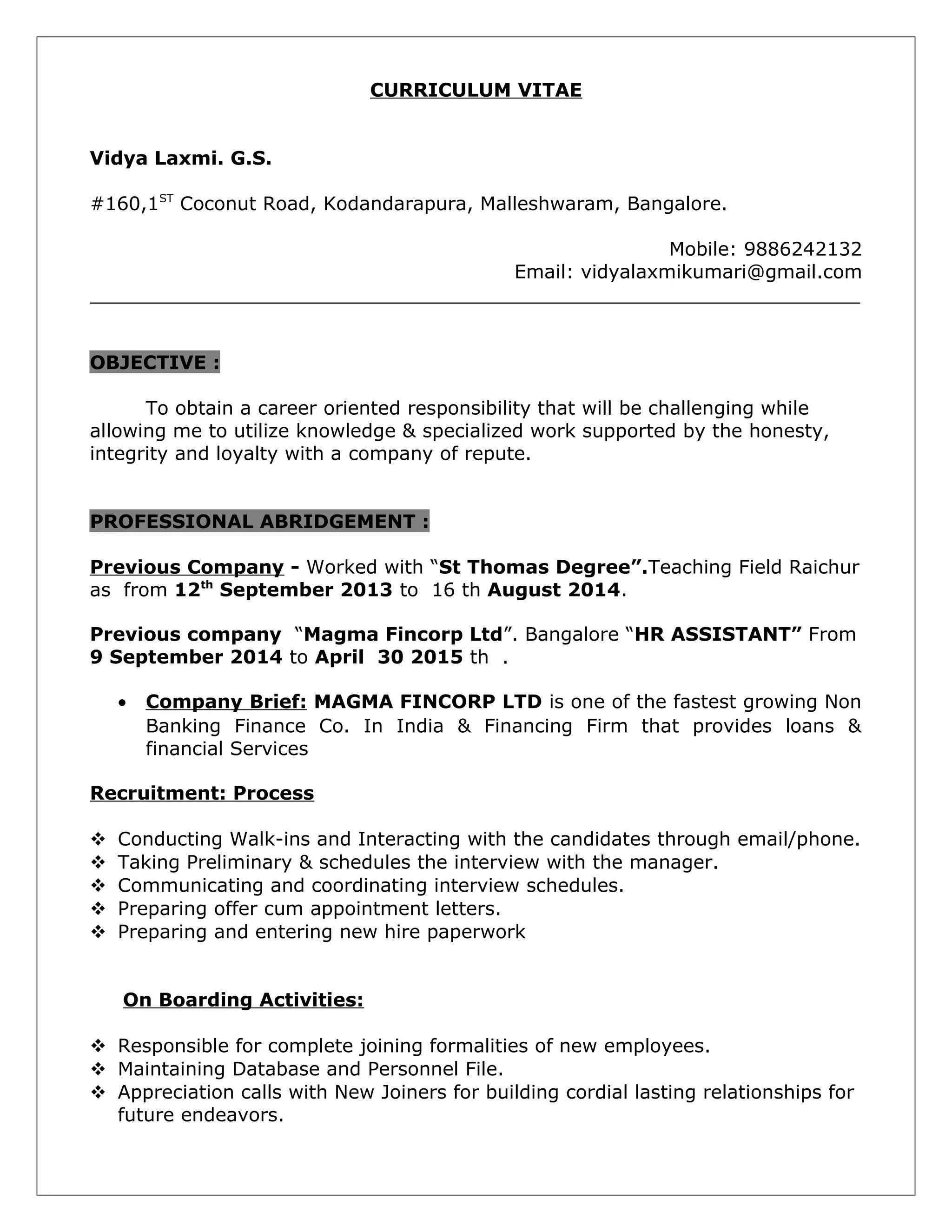 resume vidya laxmi | DOC