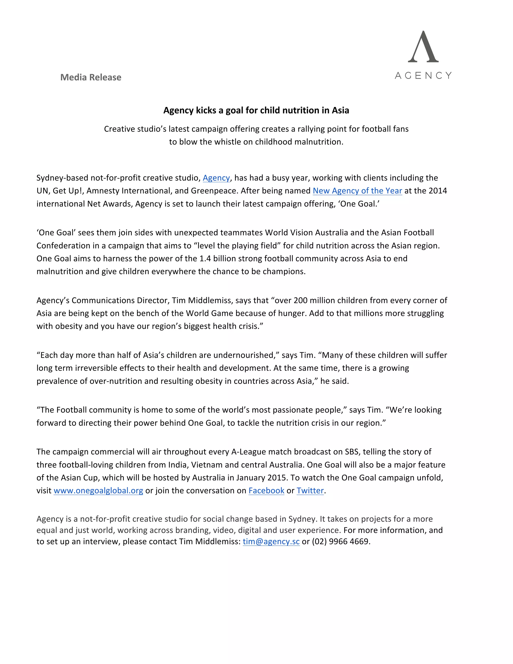 Sample 1 - OneGoal Media Release Tabitha Noonan | PDF