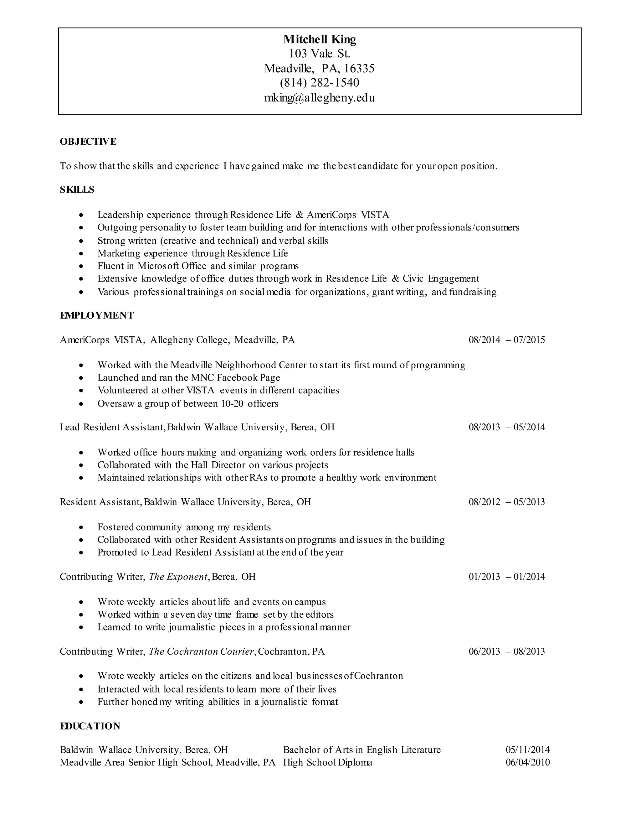 Mitchell King Resume | DOCX