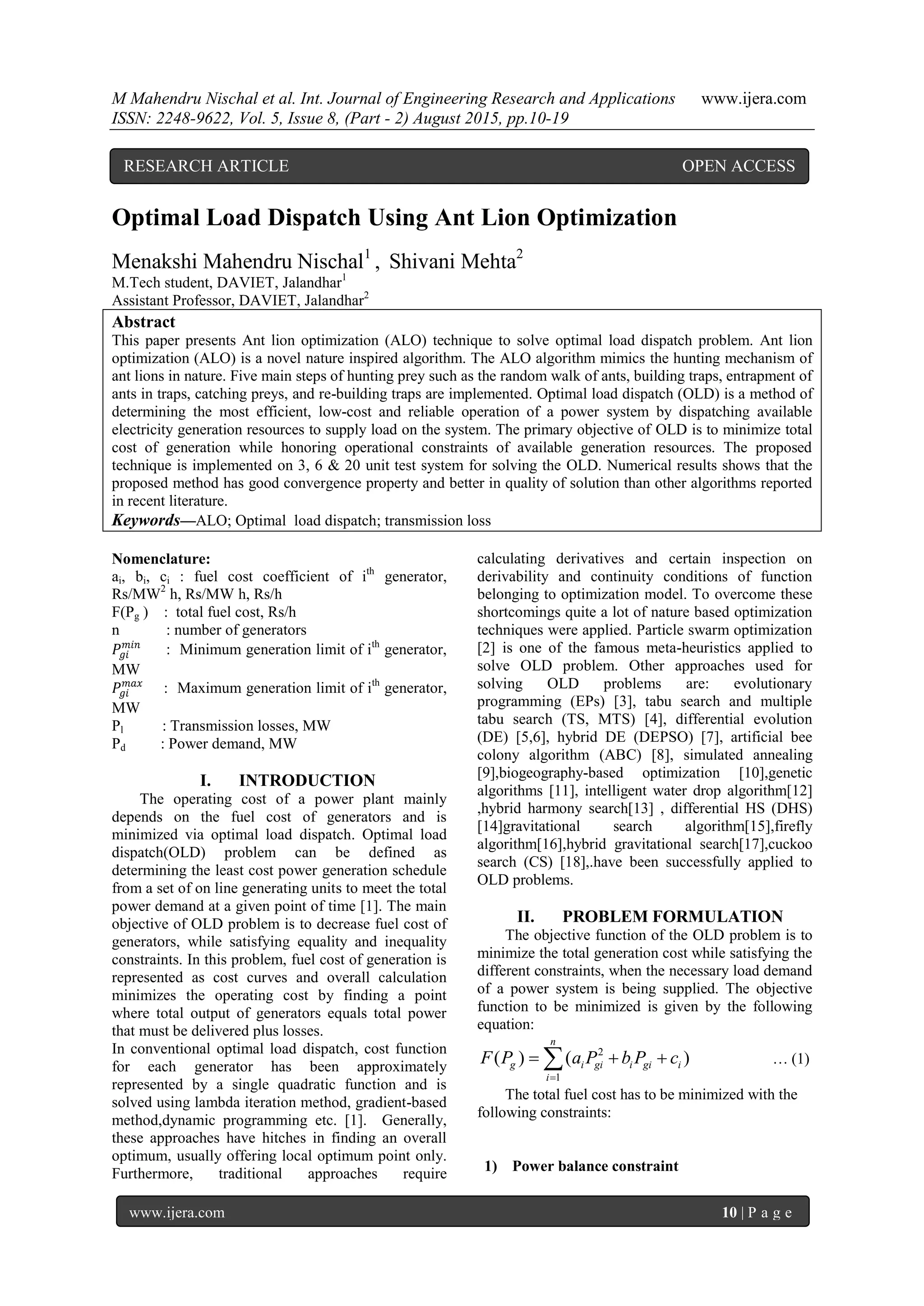 Optimal Load Dispatch Using Ant Lion Optimization | PDF | Computer Software and Applications ...