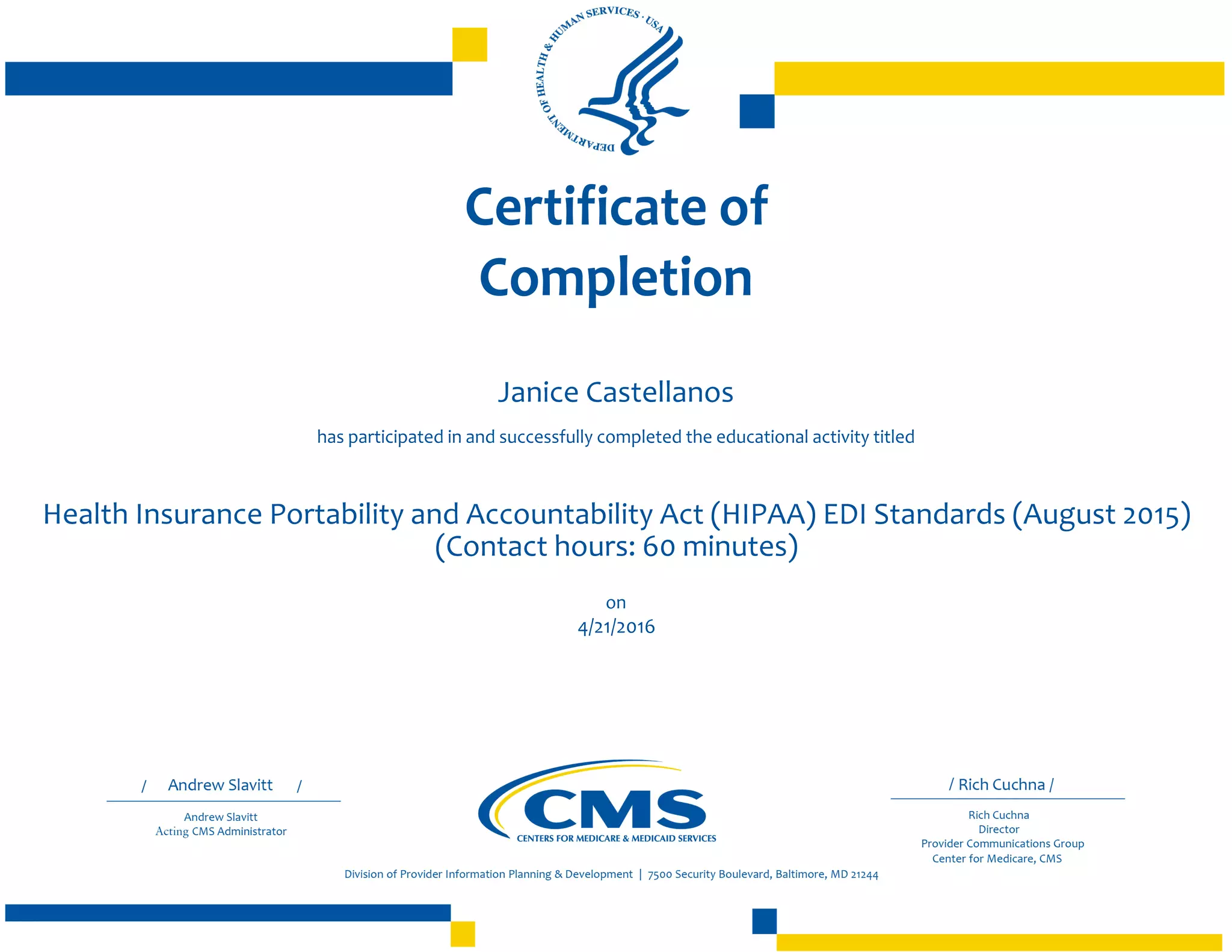 Certificate of HIPAA Janice Castellanos | PDF