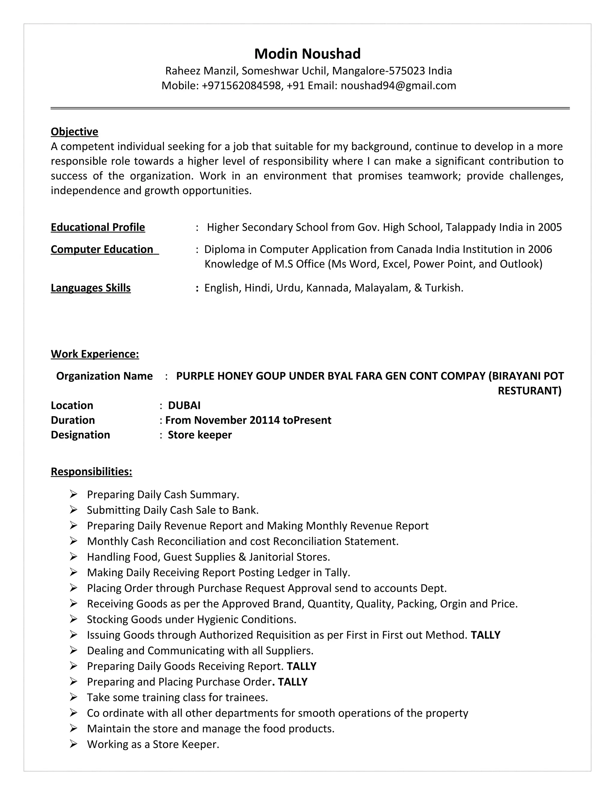 C.V - Noushad, updated on 2nd Nov-2014 (1) | DOC