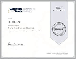 Rajesh-Jha-Coursera-Materials Data Sciences and Informatics | PDF