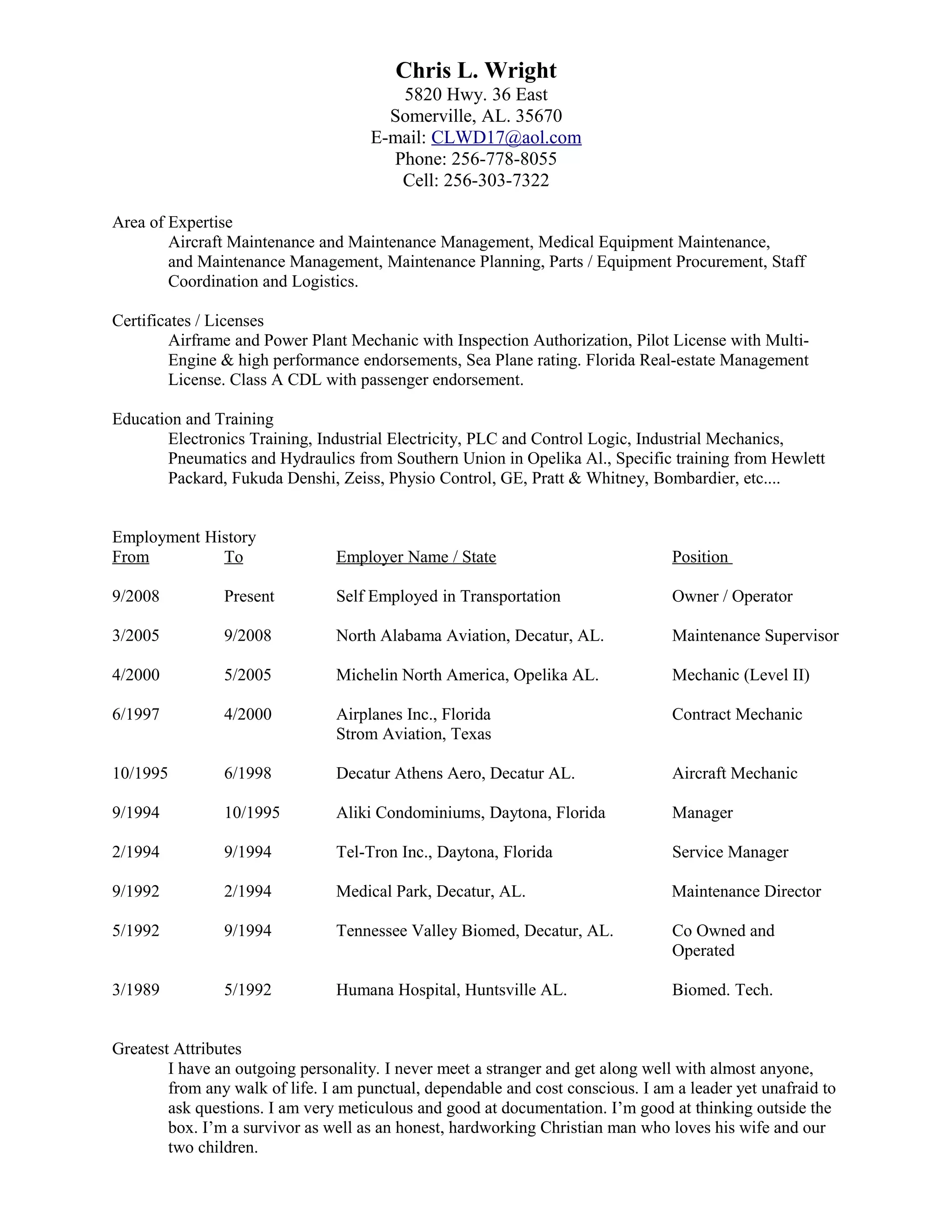 Resume Chris Wright | DOC | Aviation Industry | Industries