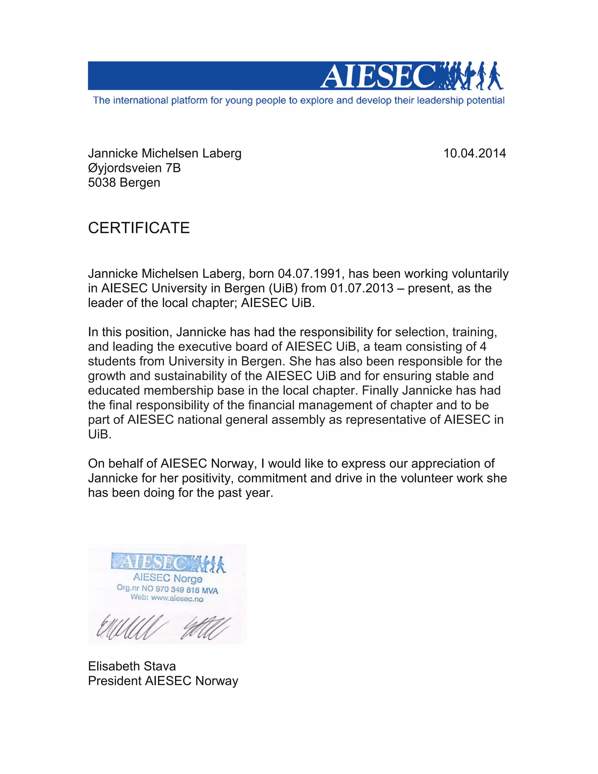 AIESEC Certificate | PDF