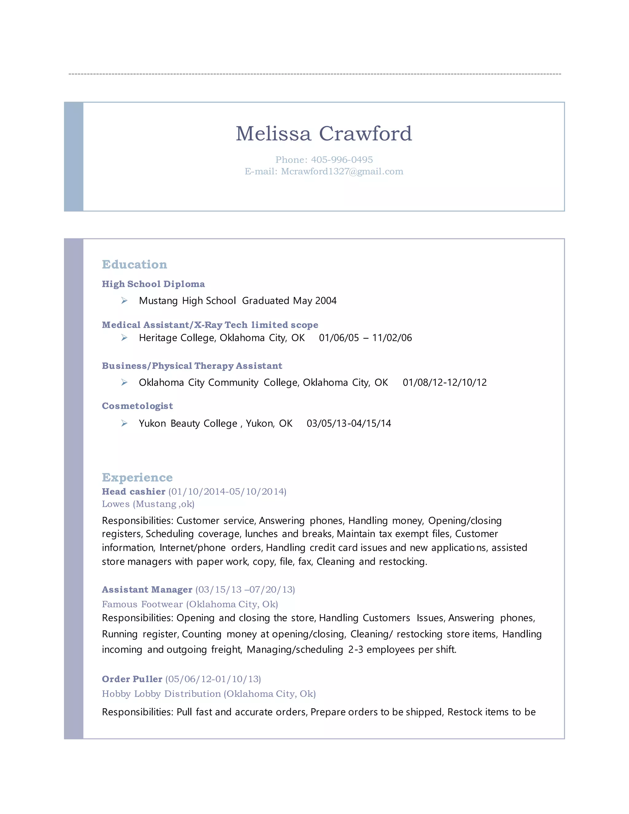 Melissa Crawford resume | DOCX | Resume Writing and Advice | Job Search