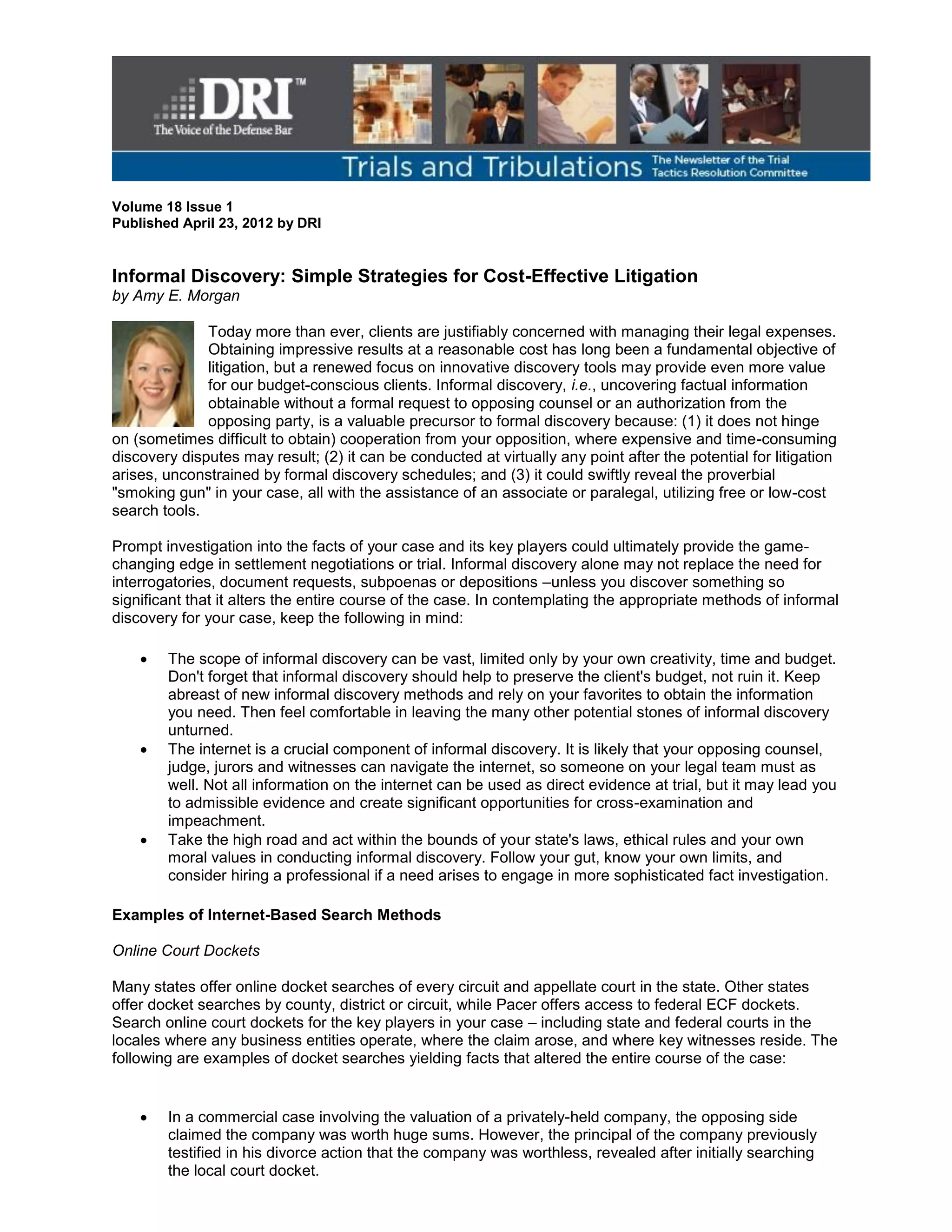 Informal Discovery Simple Strategies for Cost-Effective Litigation | PDF