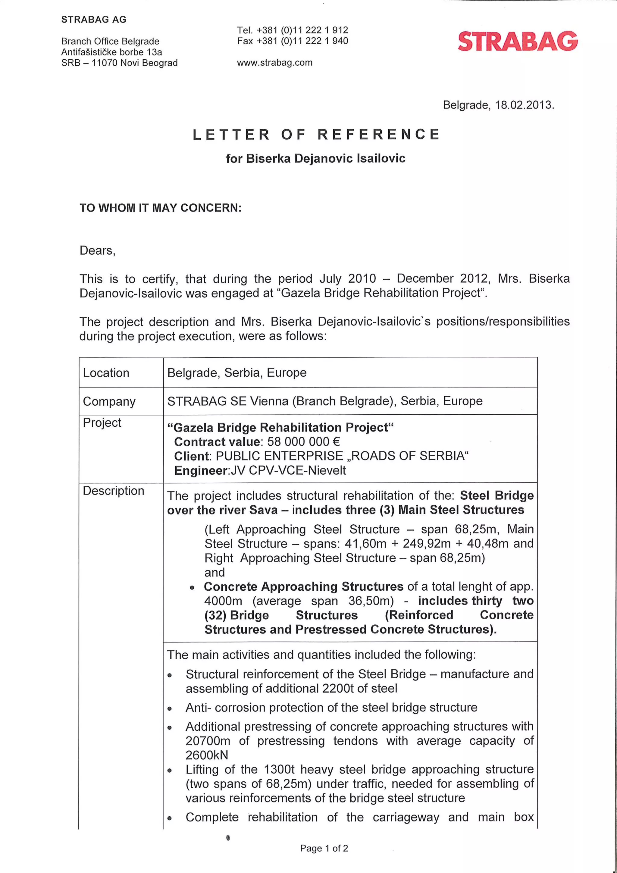 Letter of Reference_STRABAG for Biserka Dejanovic Isailovic | PDF