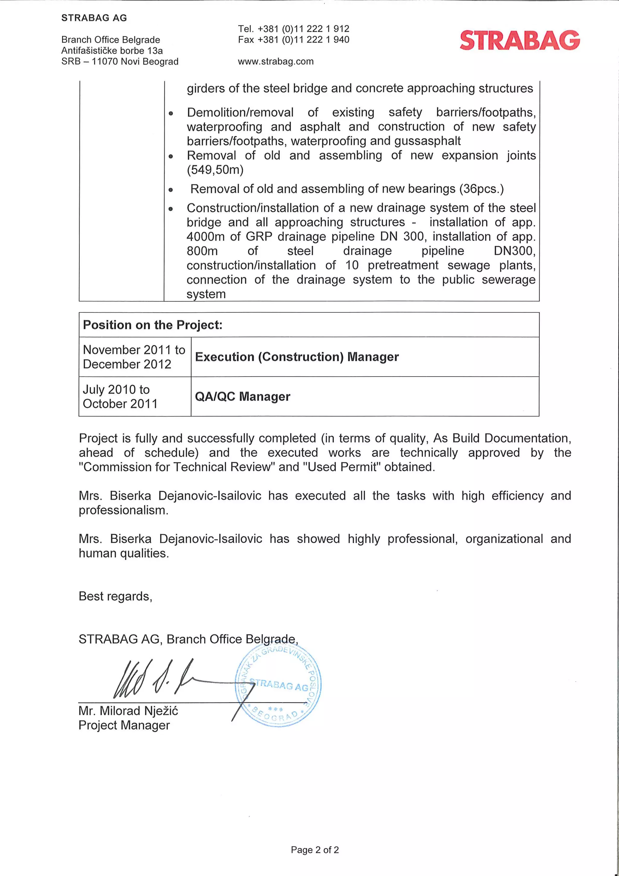 Letter of Reference_STRABAG for Biserka Dejanovic Isailovic | PDF