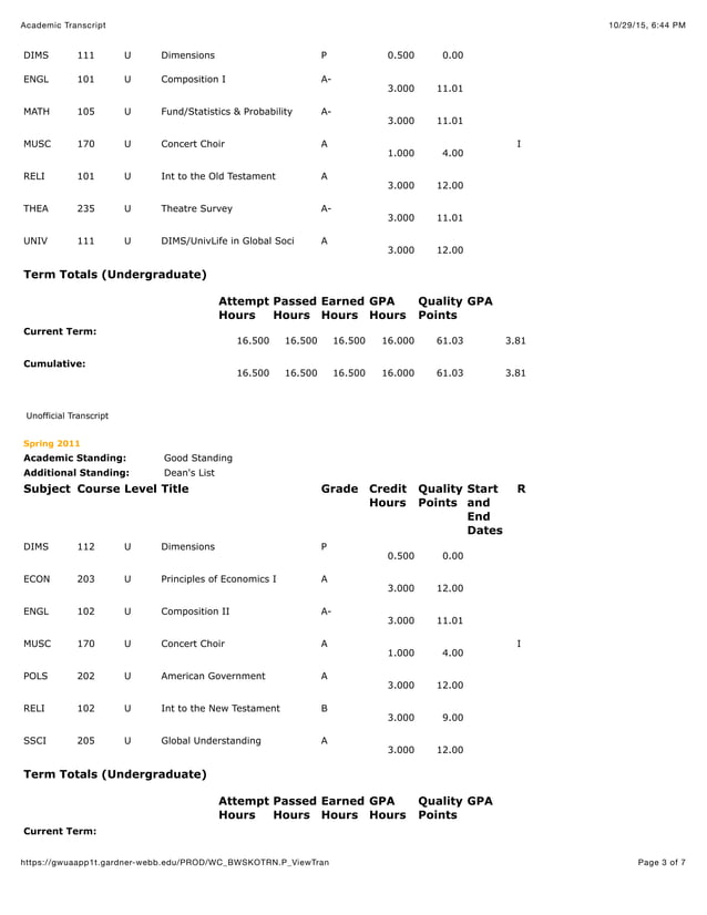Academic Transcript | PDF | Undergraduate Education | College Education