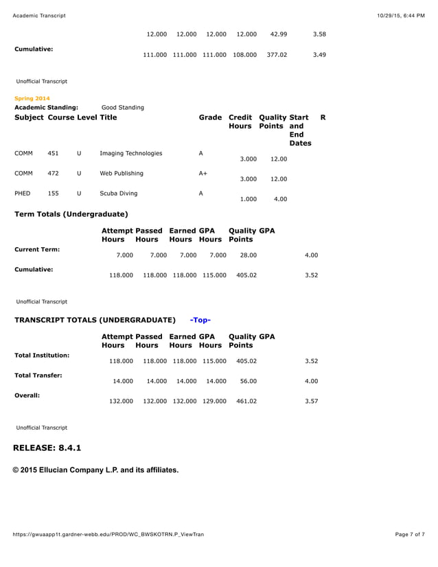 Academic Transcript | PDF | Undergraduate Education | College Education
