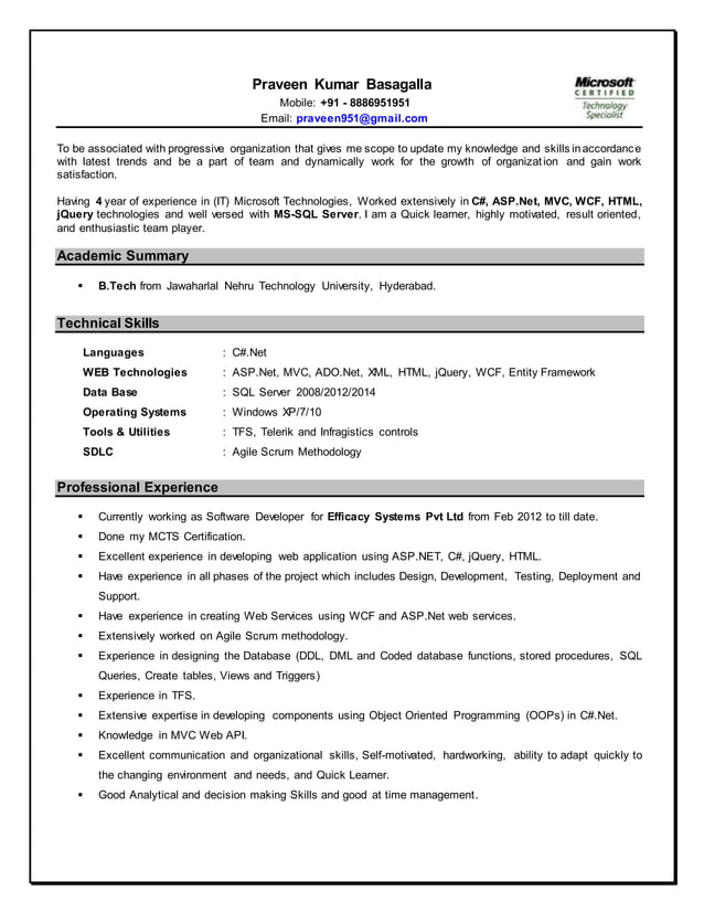 Praveen_4Years Dot Net Resume | DOCX | Databases | Computer Software and Applications