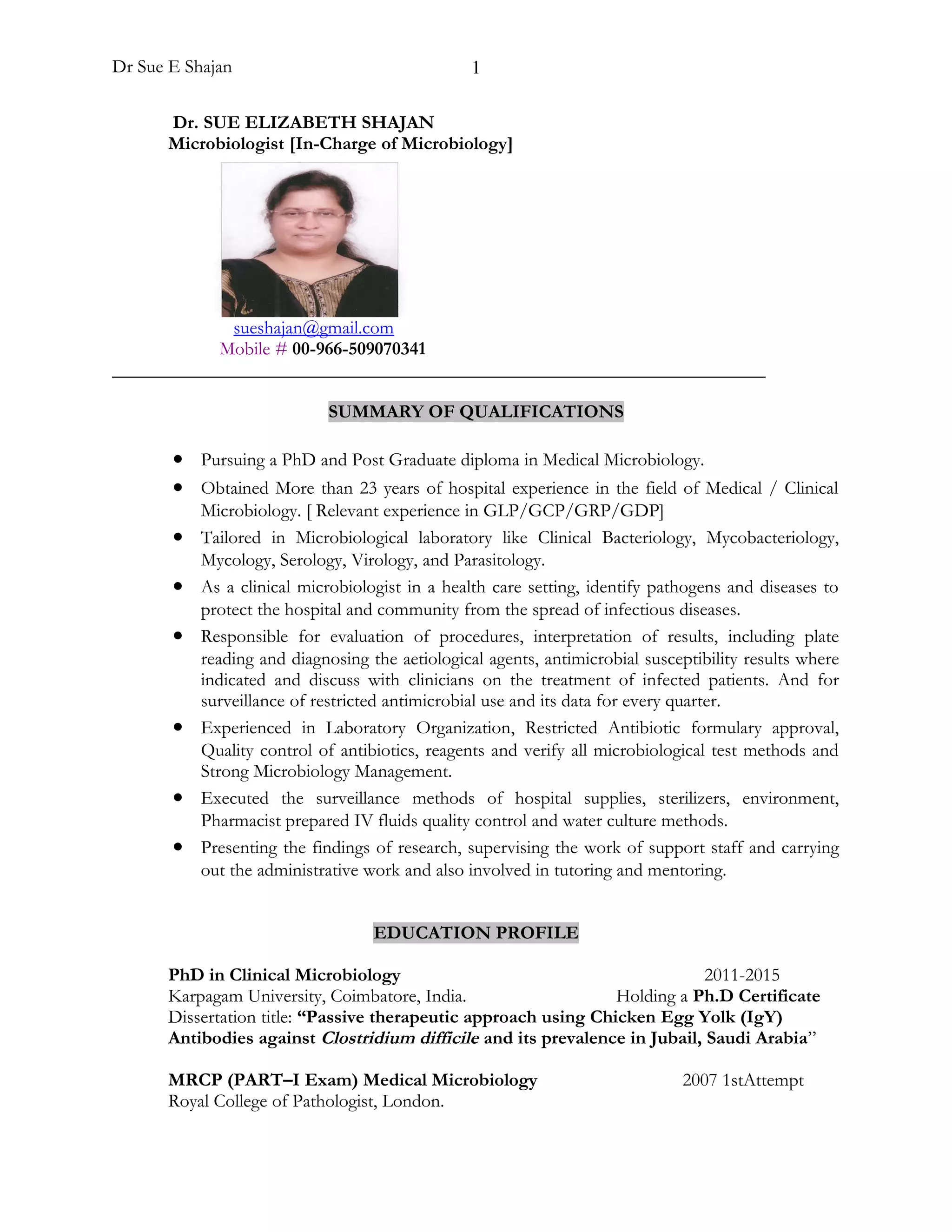 Dr. SUE ELIZABETH SHAJAN CV 2016[1] | PDF