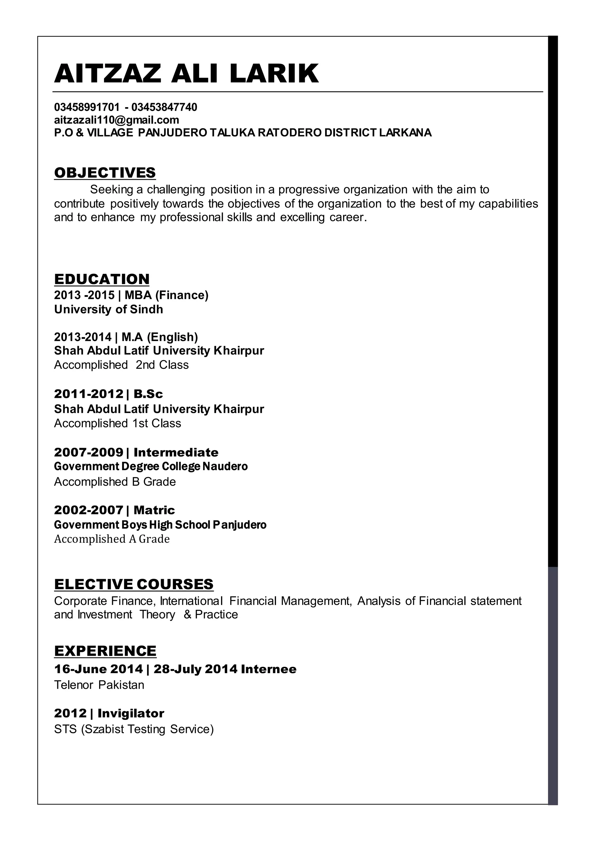 C.V Aitzaz Ali Larik | PDF
