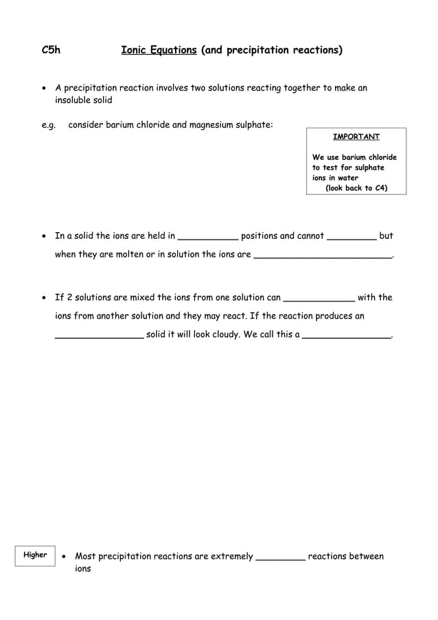 C5h Ionic Equations (Precipitation Reactions) | PDF