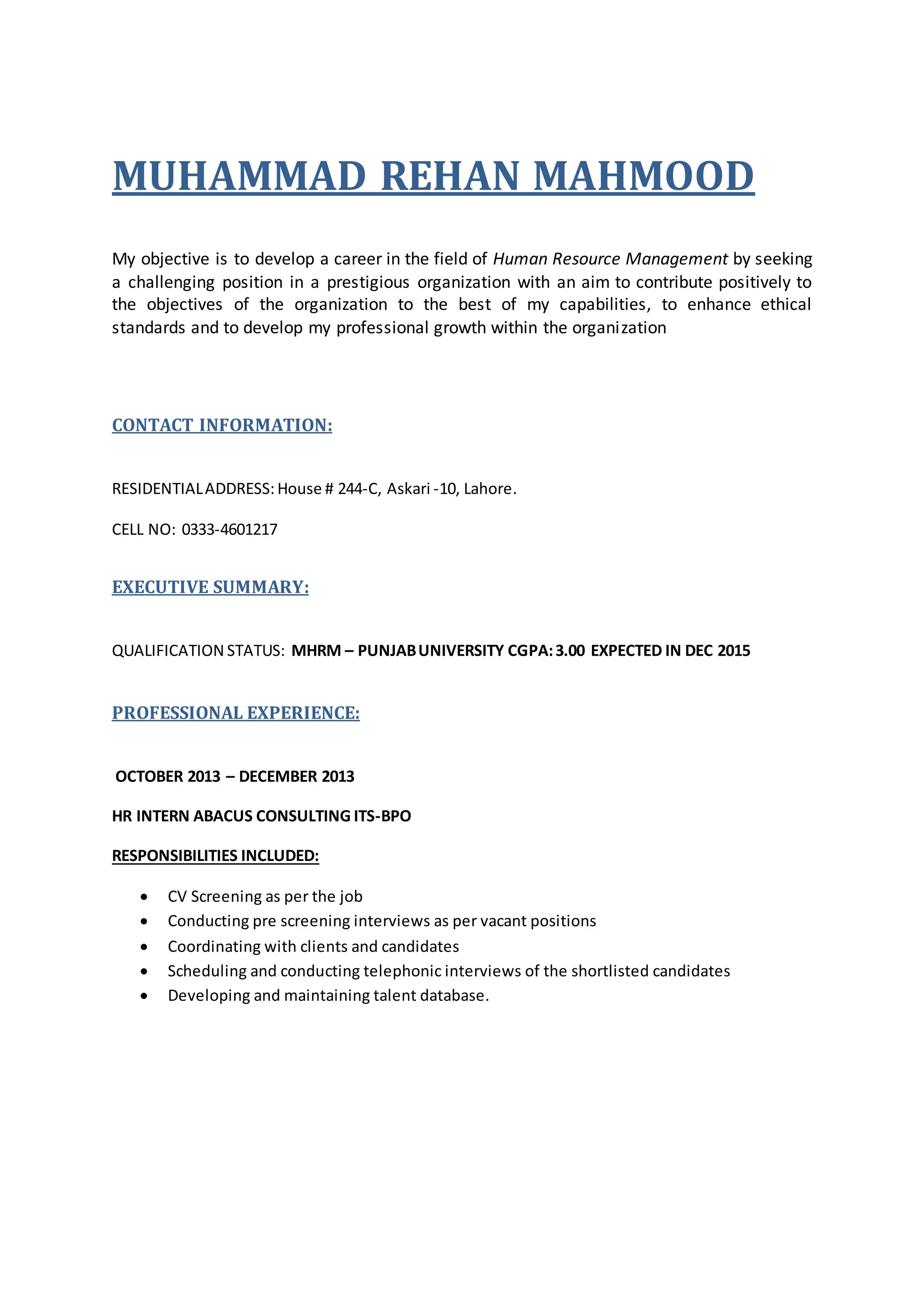 MUHAMMAD REHAN MEHMOOD CV | PDF MUHAMMAD REHAN MEHMOOD CV | PDF
