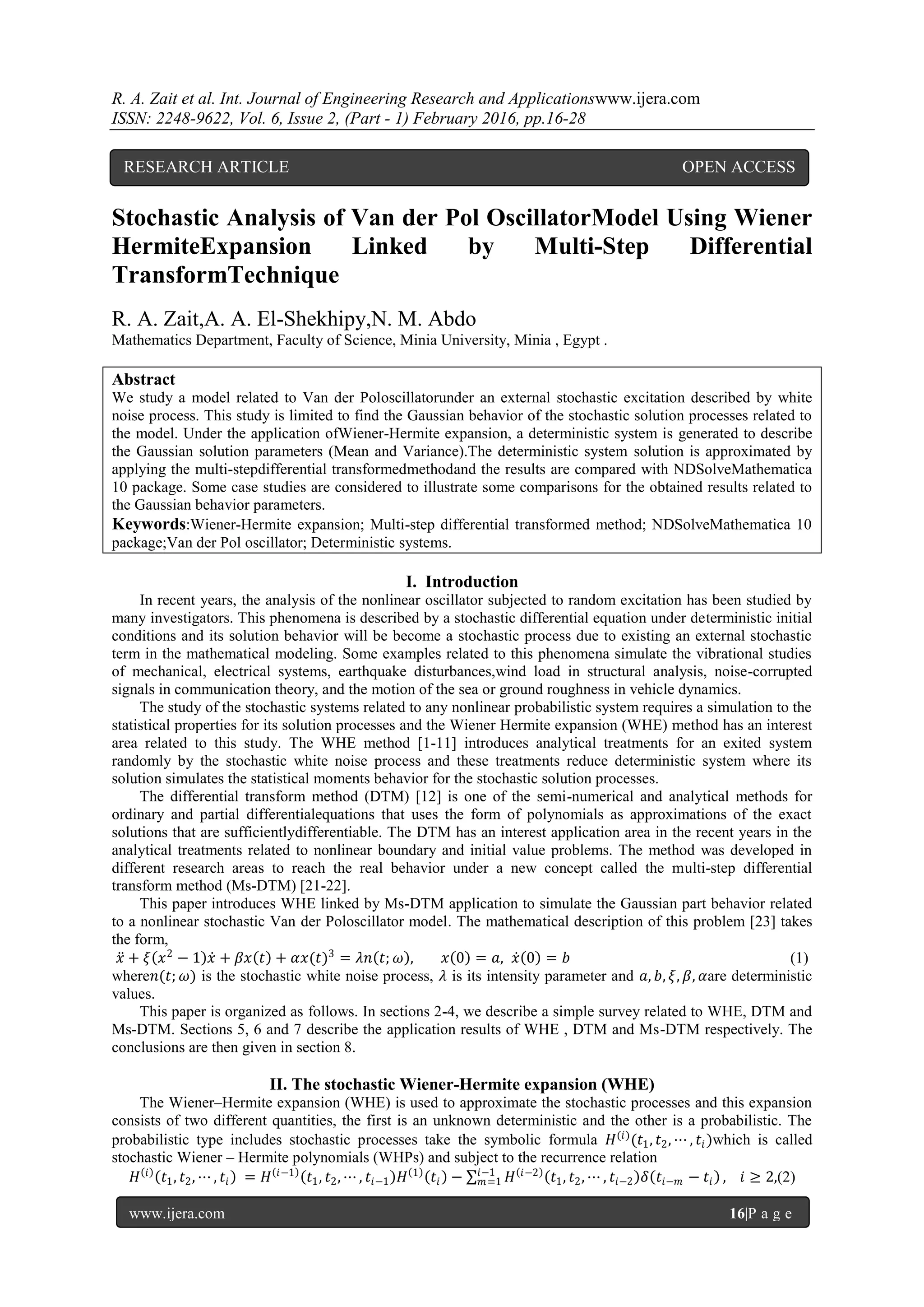 Stochastic Analysis of Van der Pol OscillatorModel Using Wiener HermiteExpansion Linked by Multi ...