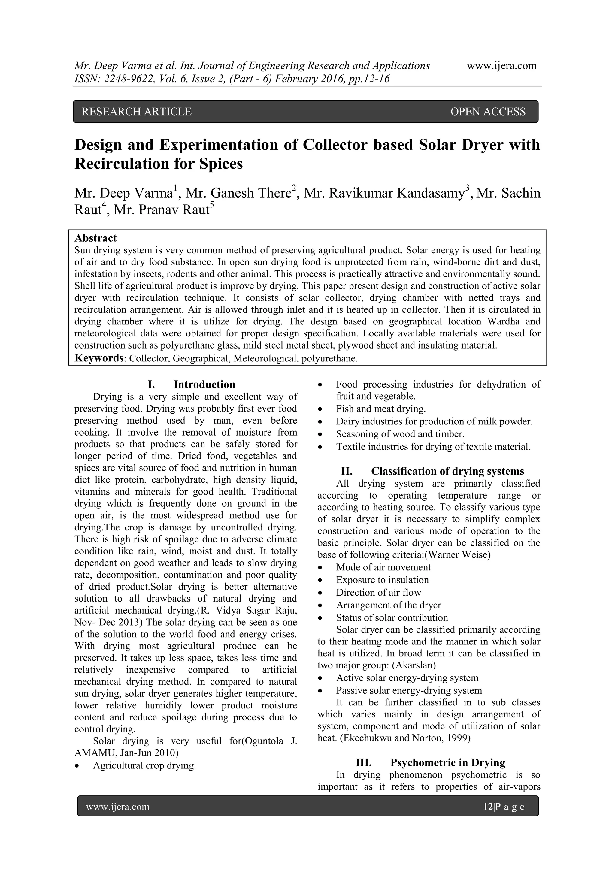 Design and Experimentation of Collector based Solar Dryer with ...
