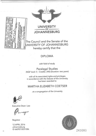 Certified copy National Diploma in Law - E Coetser | PDF