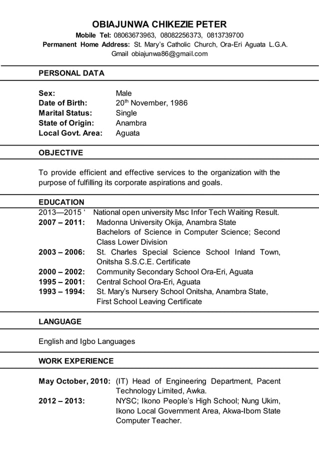 OBIAJUNWA CHIKEZIE PETER CV | DOCX | Education